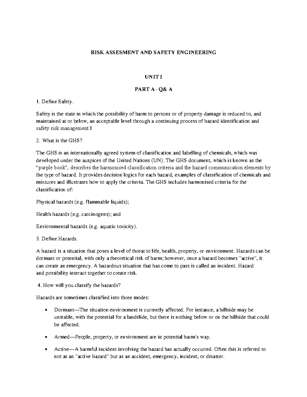 Risk Unit 1 - It's lecture notes - RISK ASSESMENT AND SAFETY ...