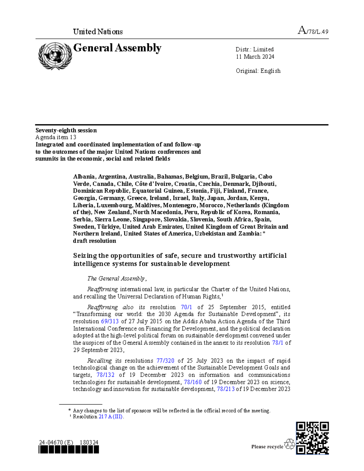 UN AI Resolution - United Nations A/78/L. General Assembly Distr ...