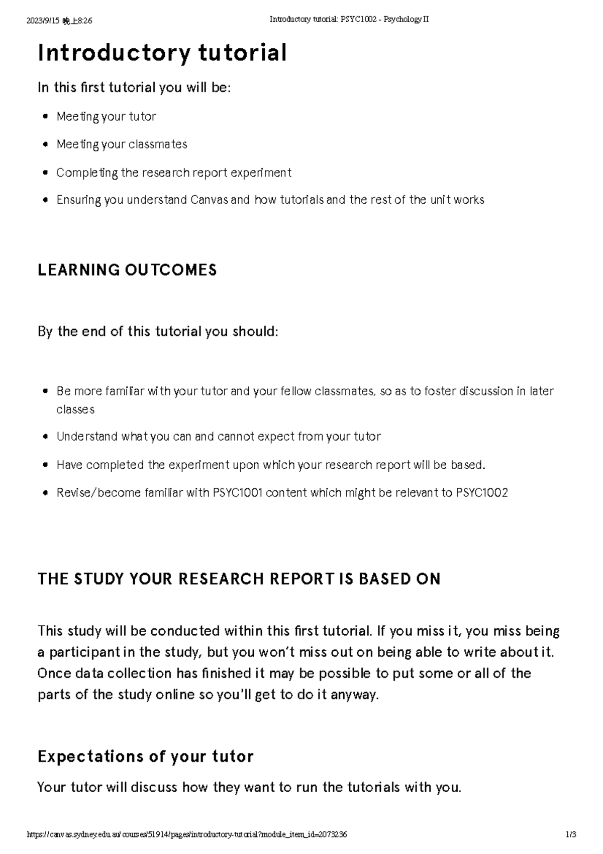 Introductory tutorial PSYC1002 - Psychology II - - Studocu