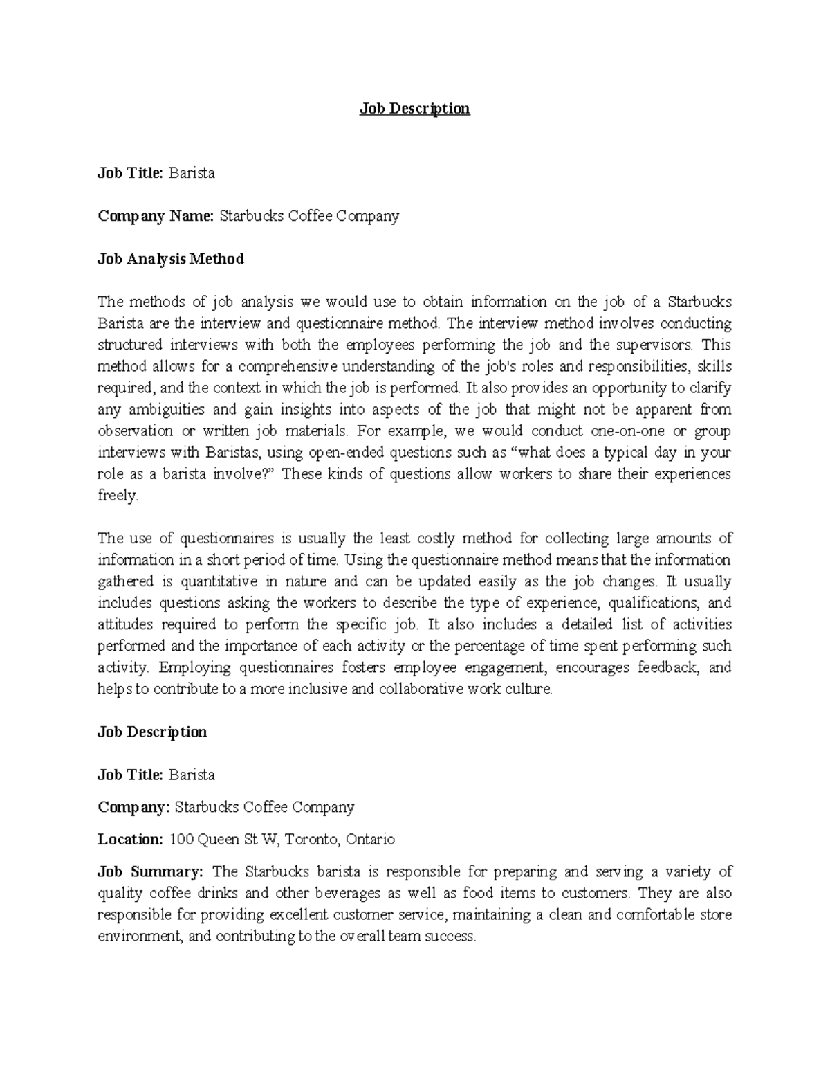 Assignment - Job Description - Job Description Job Title: Barista ...