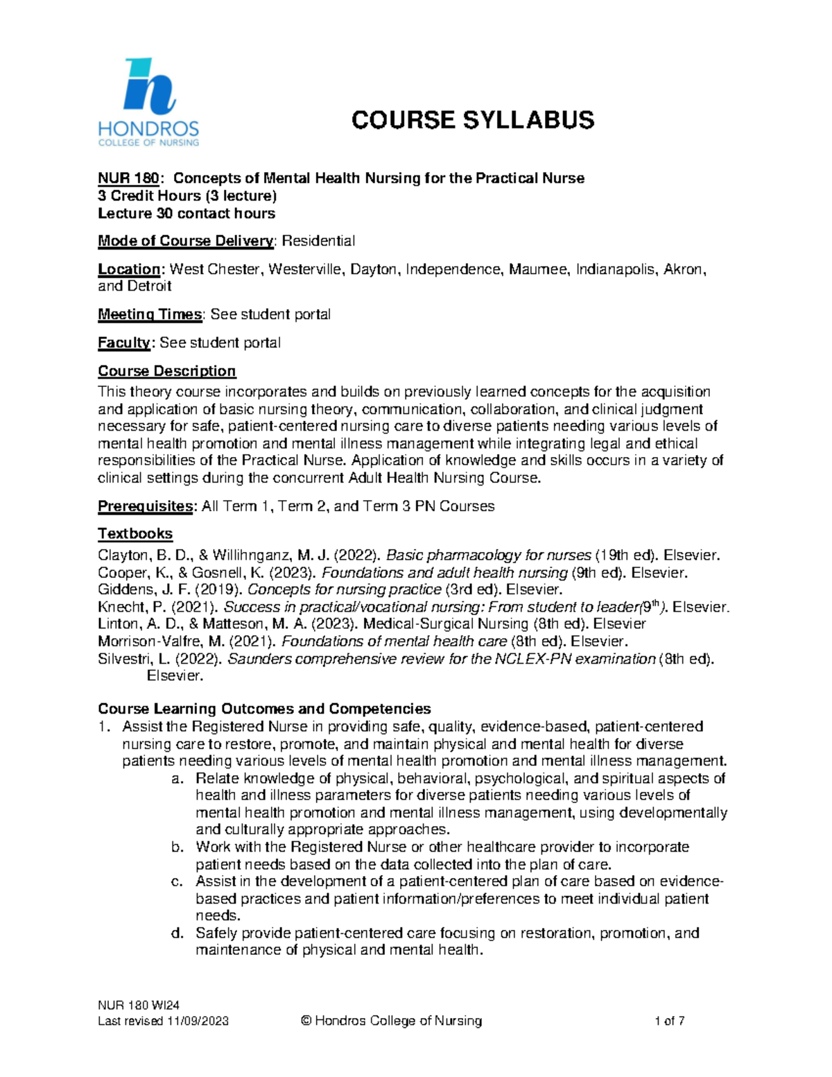 NUR 180 Syllabus WI24 - week 2 - COURSE SYLLABUS NUR 180 WI Last ...