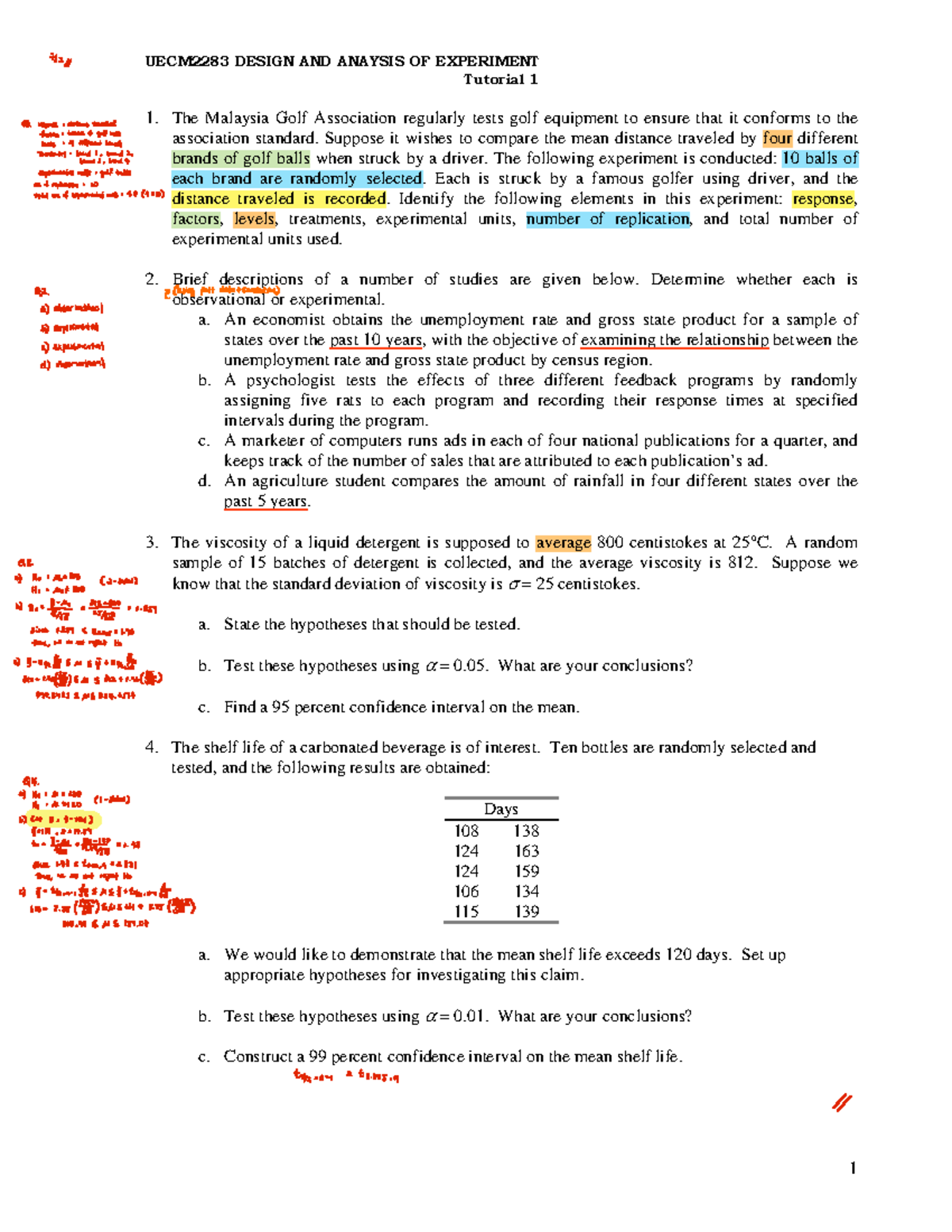 Tutorial 1 - UECM2283 DESIGN AND ANAYSIS OF EXPERIMENT Tutorial 1 1 The ...