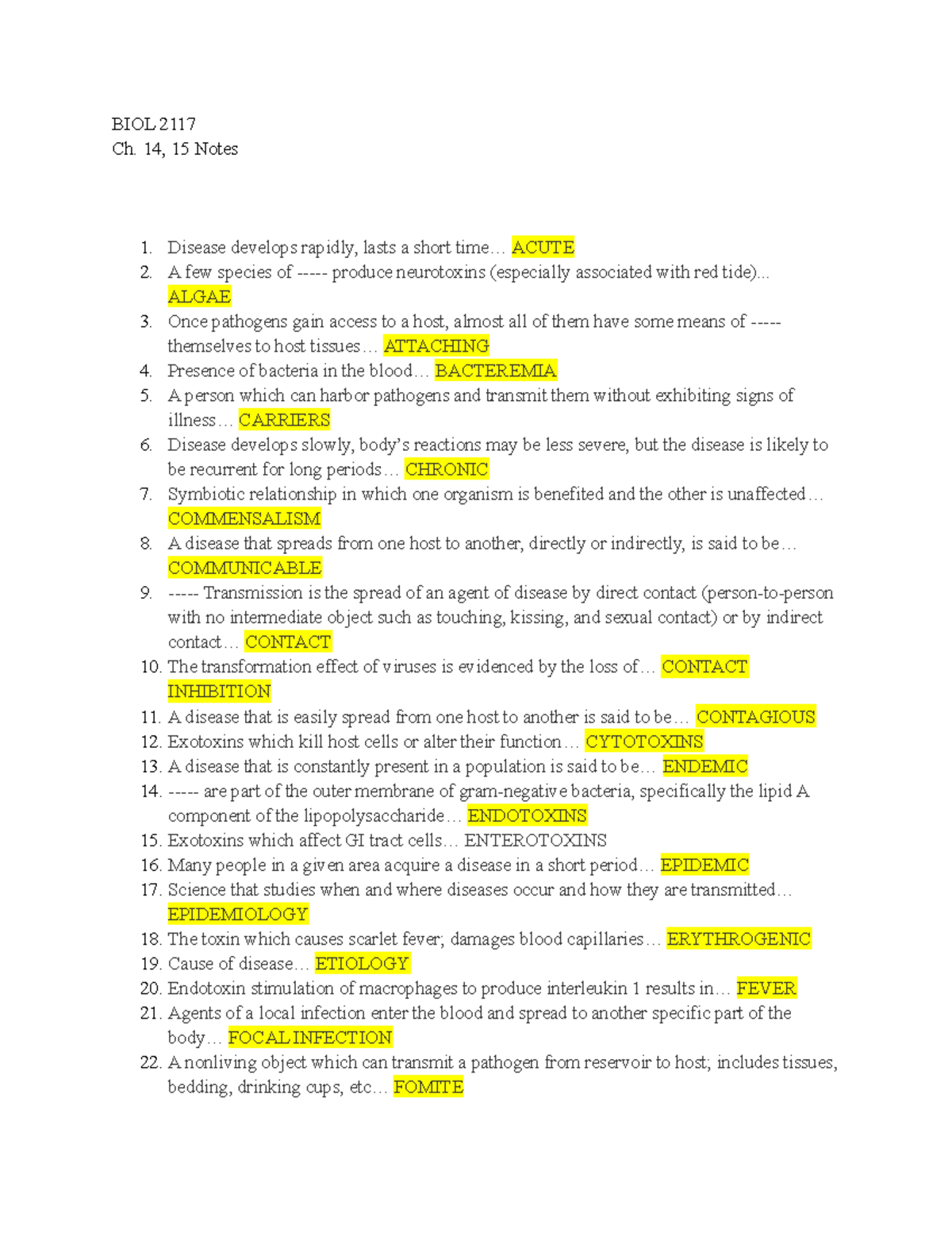 Biol 2117 Ch 14 15 Notes Biol 2117 Ch 14 15 Notes Disease