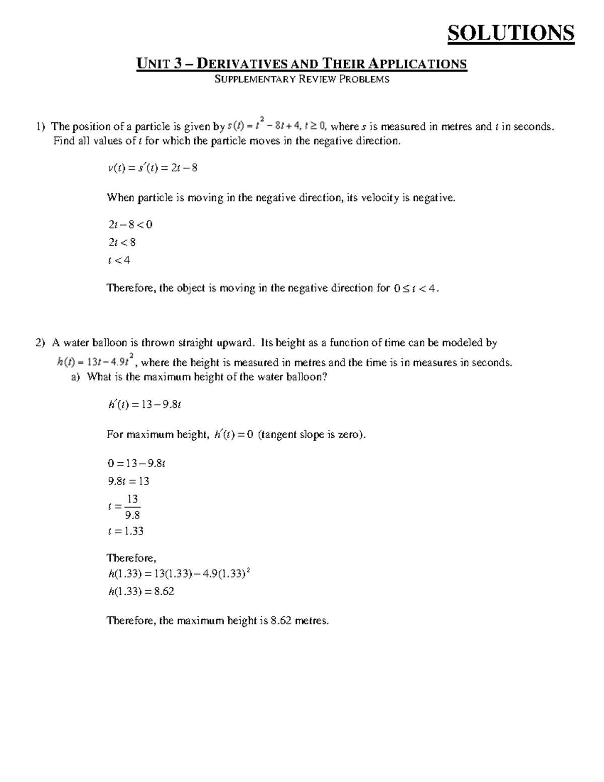 Chapter 3 Review A - Solutions - SOLUTIONS UNIT 3 – DERIVATIVES AND ...
