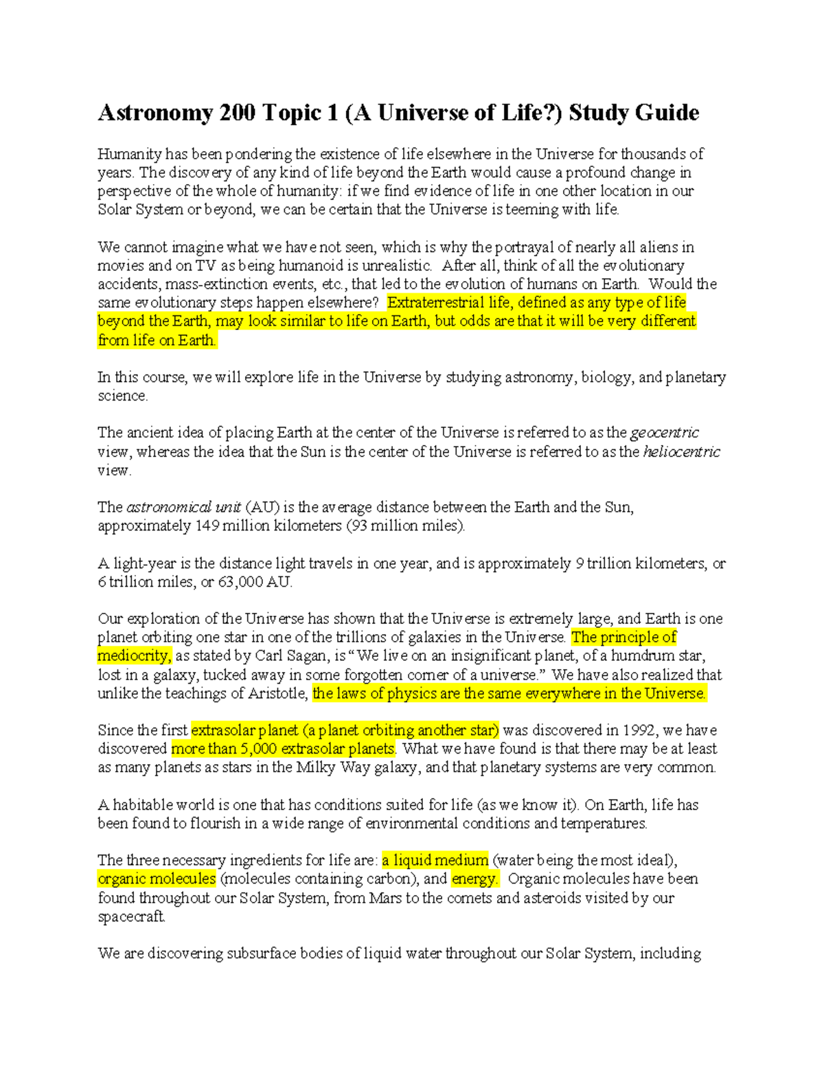 Astronomy 200 Topic 01 Study Guide - Astronomy 200 Topic 1 (A Universe ...