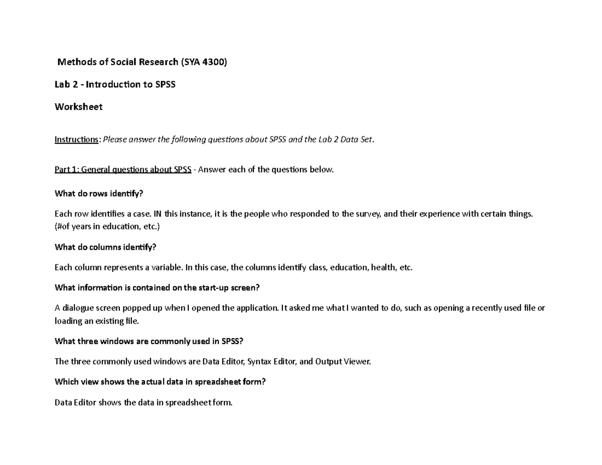 Lab 2 Assignment Worksheet - Methods of Social Research (SYA 4300) Lab ...