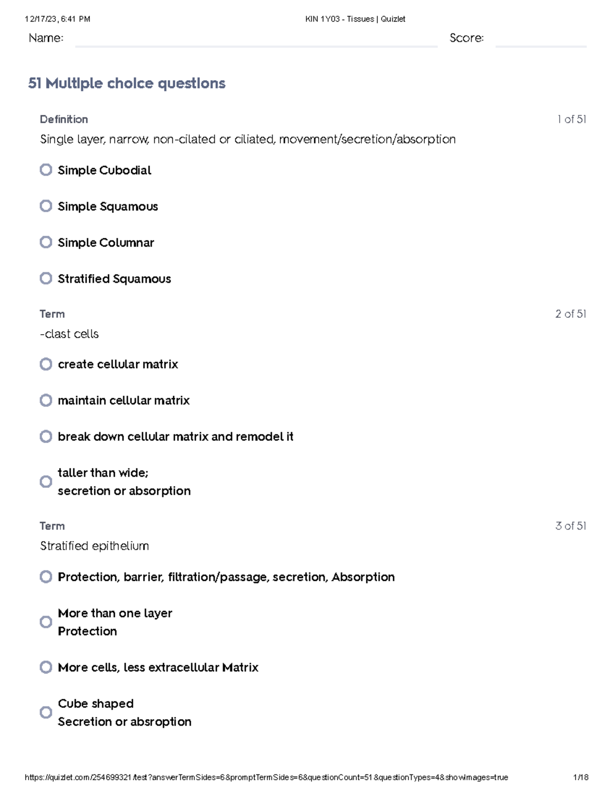 KIN 1Y03 - Tissues 1 - Name: Score: 51 Multiple choice questions ...