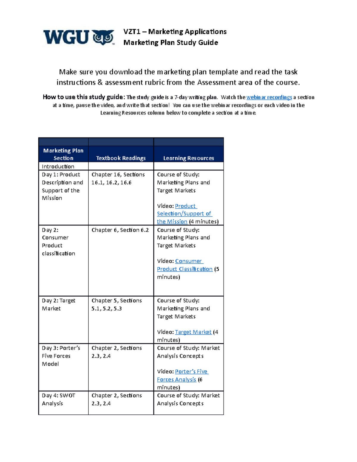 VZT1 Study Guide - notes - VZT1 – Marketing Applications Marketing Plan ...