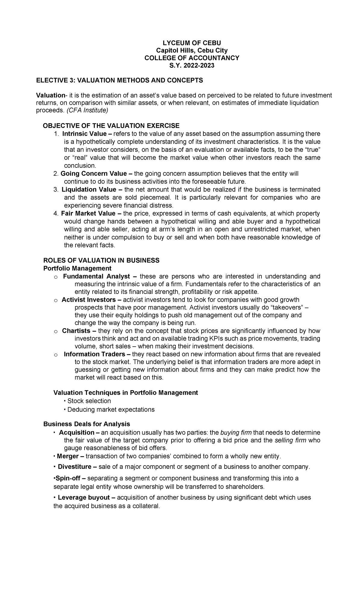 Elective 3 Valuation Chapter 1 - LYCEUM OF CEBU Capitol Hills, Cebu ...