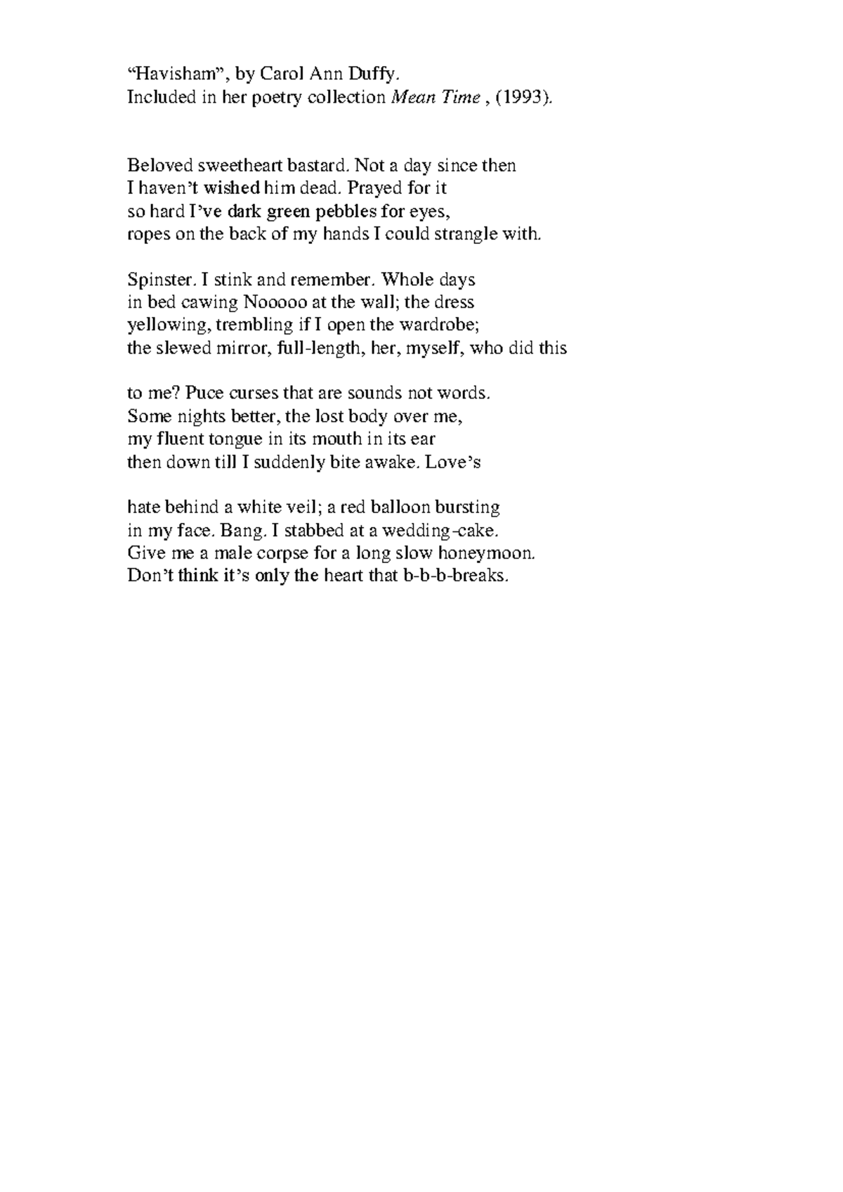 Havishamby Carol Ann Duffy - “Havisham”, by Carol Ann Duffy. Included ...