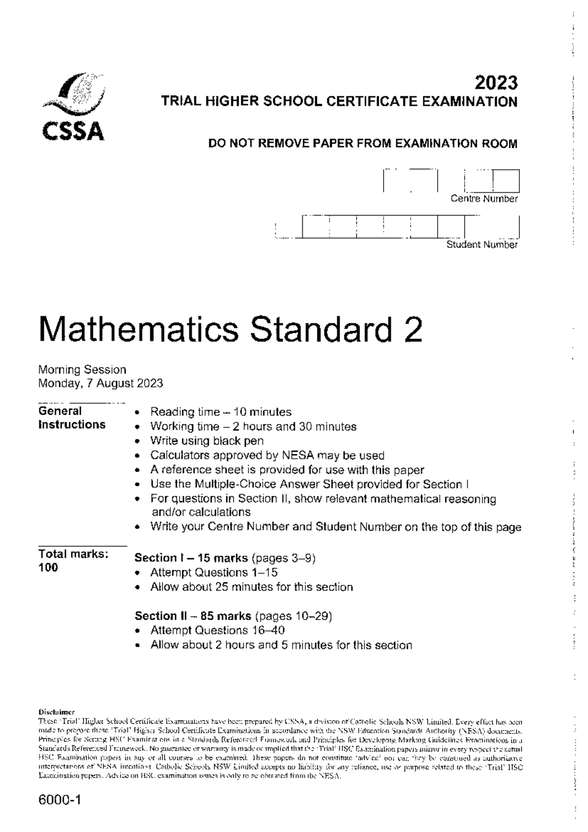 Cssa 2023 trial - 2023 TRIAL HIGHER SCHOOL CERTIFICATE EXAMINATION CSSA DO NOT REMOVE PAPER FROM ...
