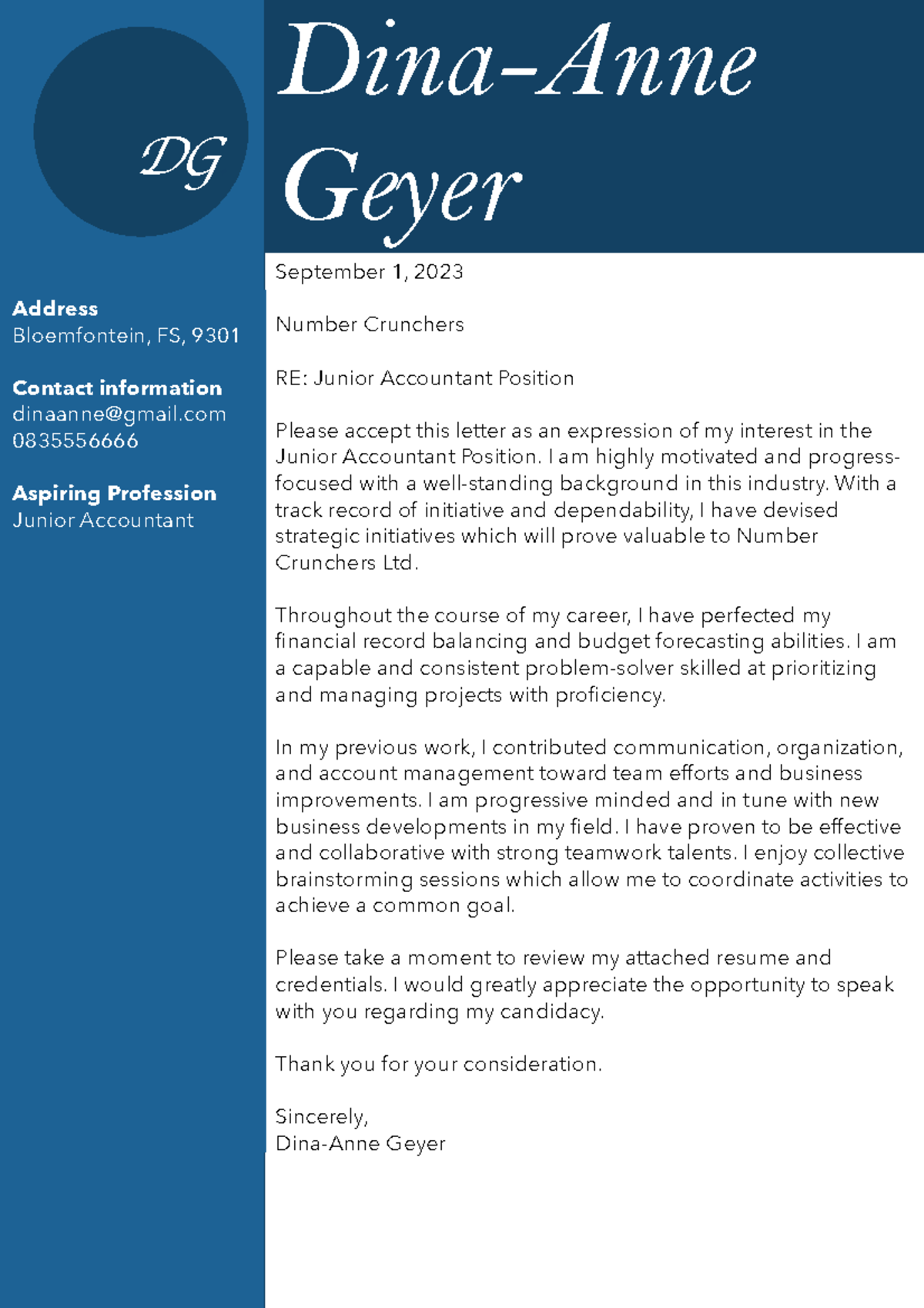 Cover letter - Bdbdbd - DG. Dina-Anne Geyer September 1, 2023 Number ...