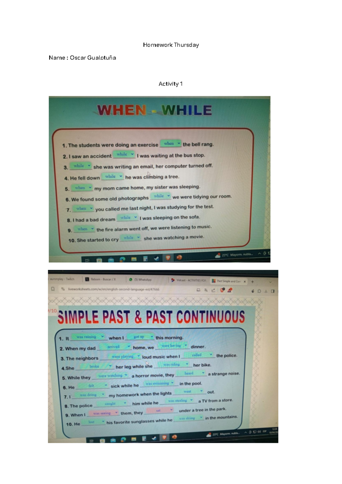 Homework Thursday - ... - English - Homework Thursday Name : Oscar ...