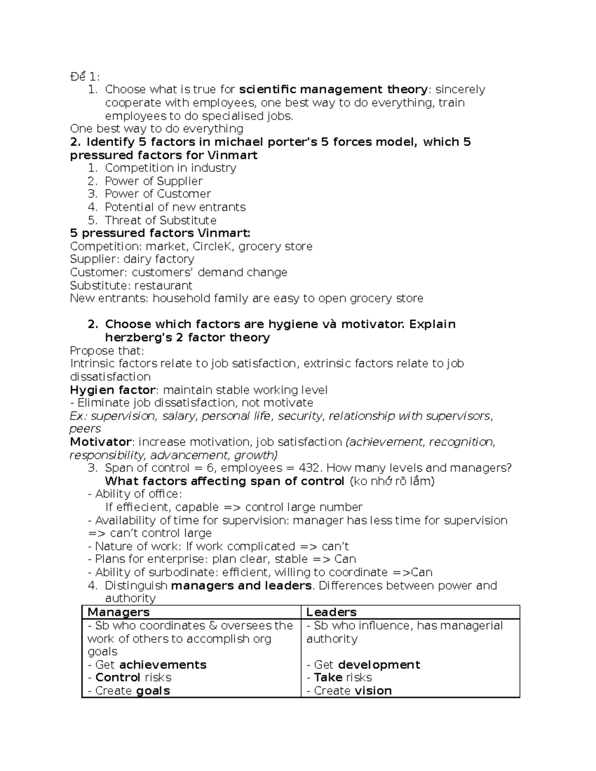 Management - Đề 1: 1. Choose what is true for scientific management ...