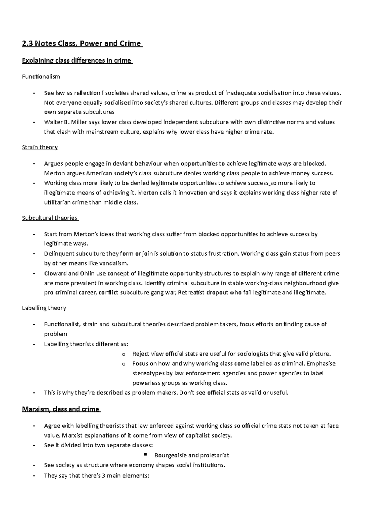 Class, Power and Crime - 2 Notes Class, Power and Crime Explaining ...