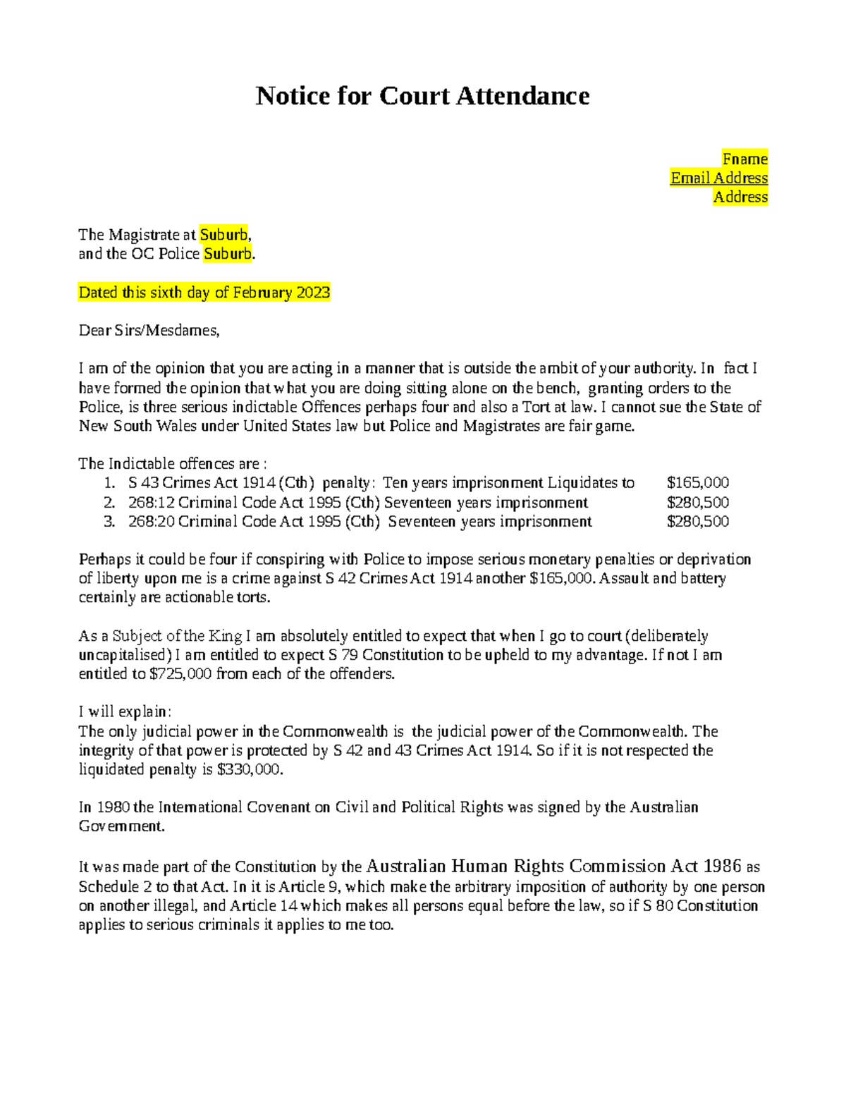 01 - Sue the Magistrate and Council - Template - Notice for Court ...