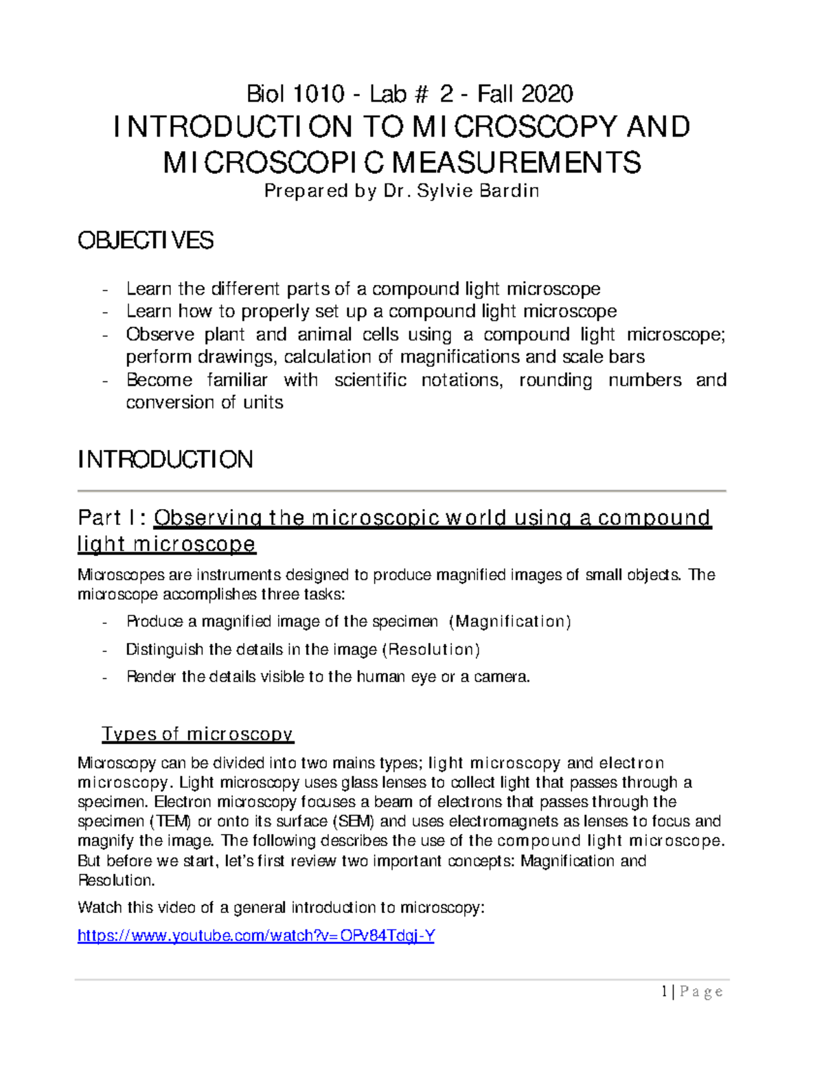 Lab 2- Microscopy - protocol-F2020 - Biol 1010 - Lab # 2 - Fall 2020 I ...