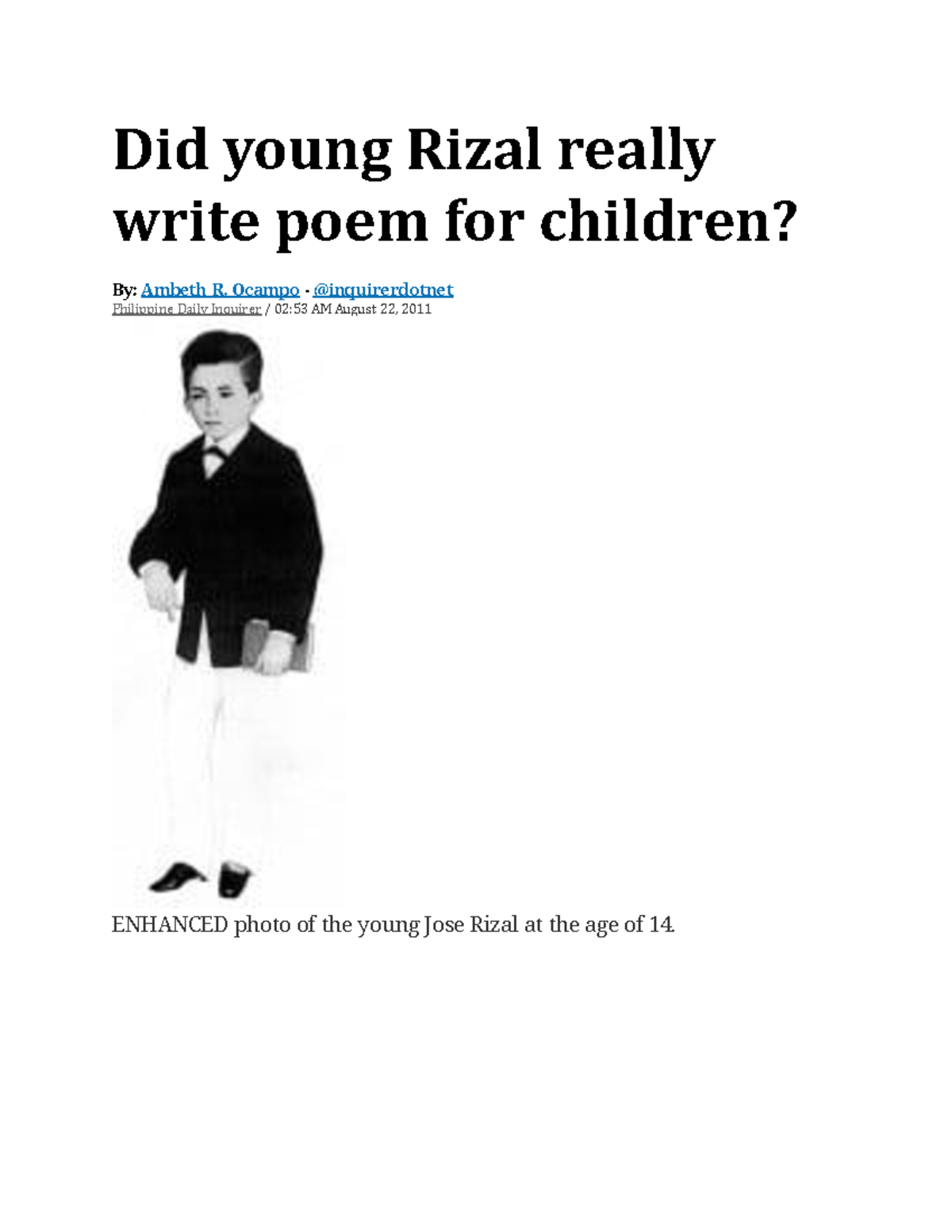 Did young Rizal really write poem for children - Did young Rizal really ...