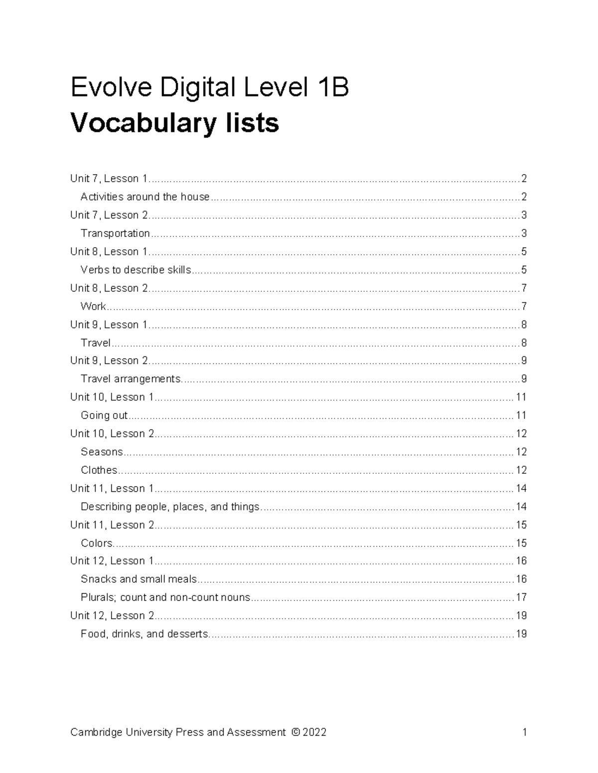 Evolve Digital Level 1B Vocabulary lists - Evolve Digital Level 1B Unit ...