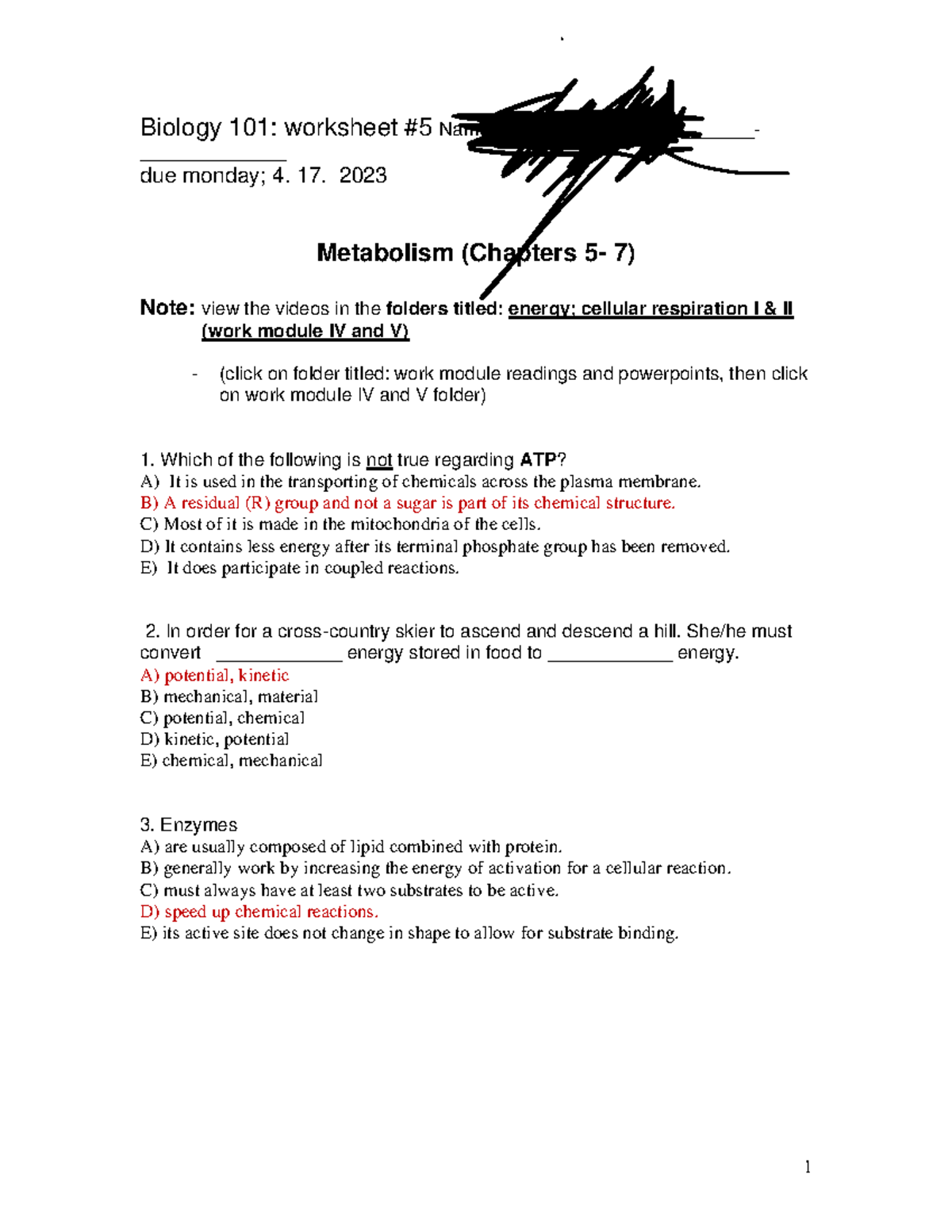 Bio 101v worksheet 5 v 2023 f - Biology 101 : worksheet # 5 Name ...