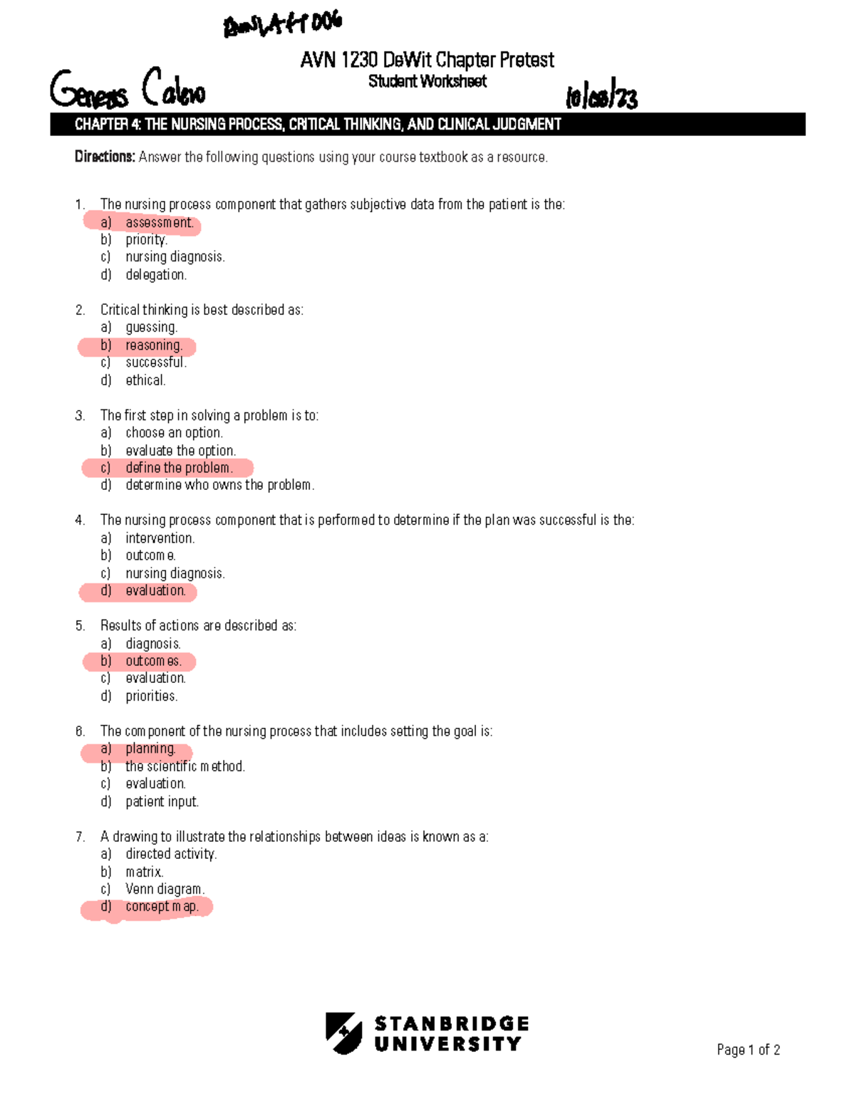 Chapter 4 - Page 1 of 2 CHAPTER 4 : THE NURSING PROCESS, CRITICAL ...