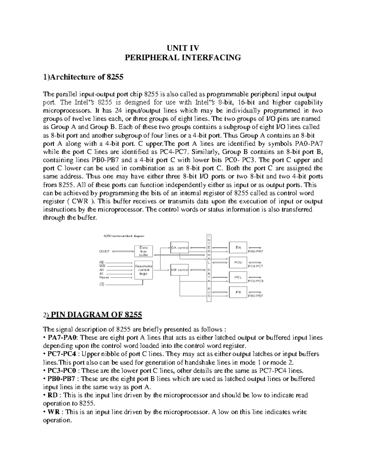 Peripheral Interfacing - UNIT IV PERIPHERAL INTERFACING 1)Architecture of 8255 The parallel ...