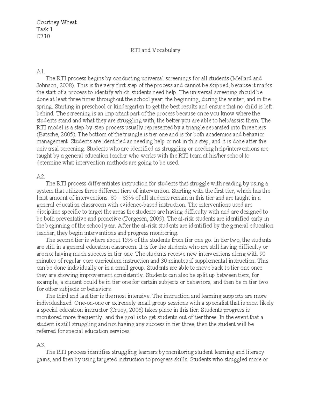 C730 Task 1 - Passed first try. - Courtney Wheat Task 1 C RTI and ...