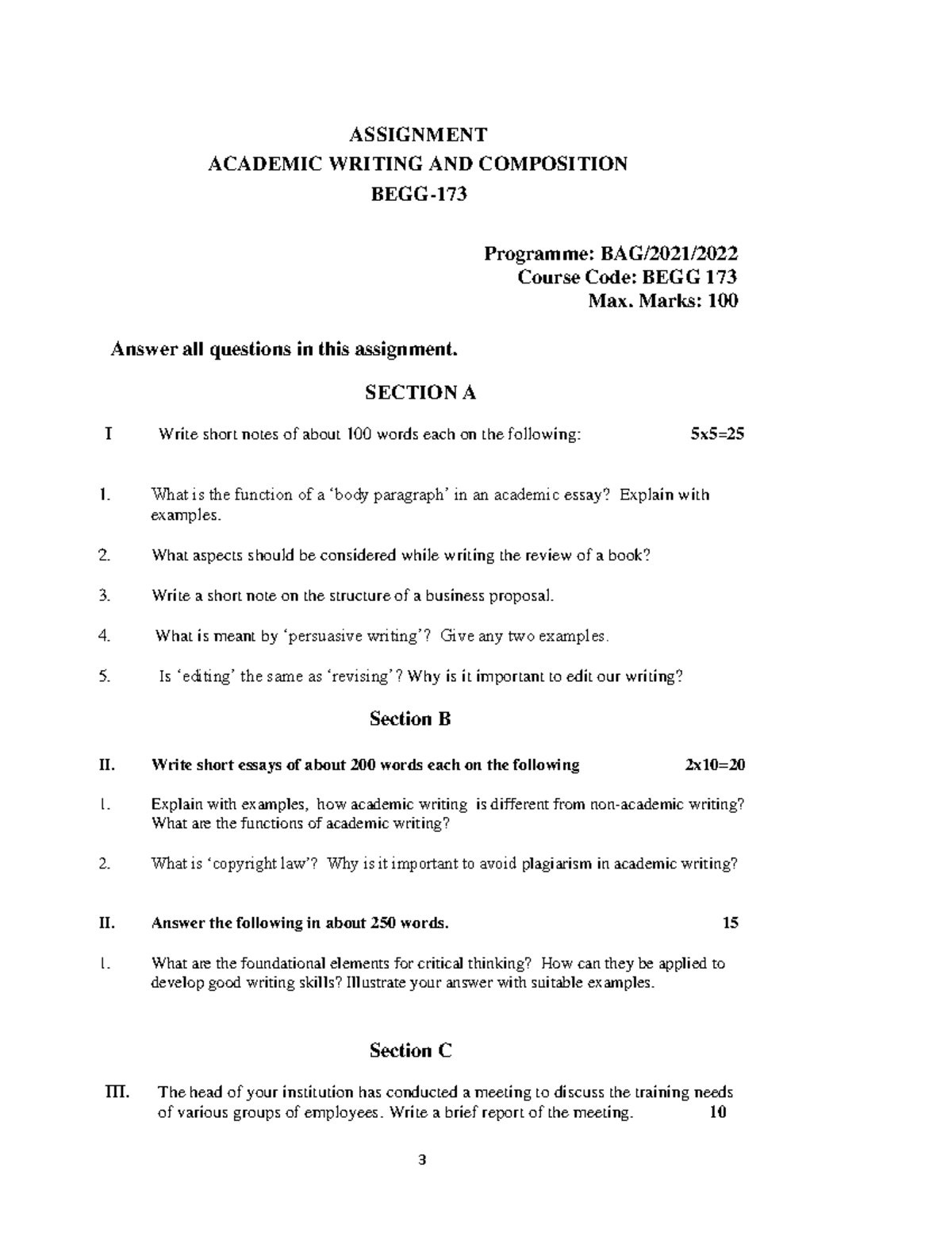 BEGG 173 EM 2021-22 - Indian writing in English - 3 ASSIGNMENT ACADEMIC ...