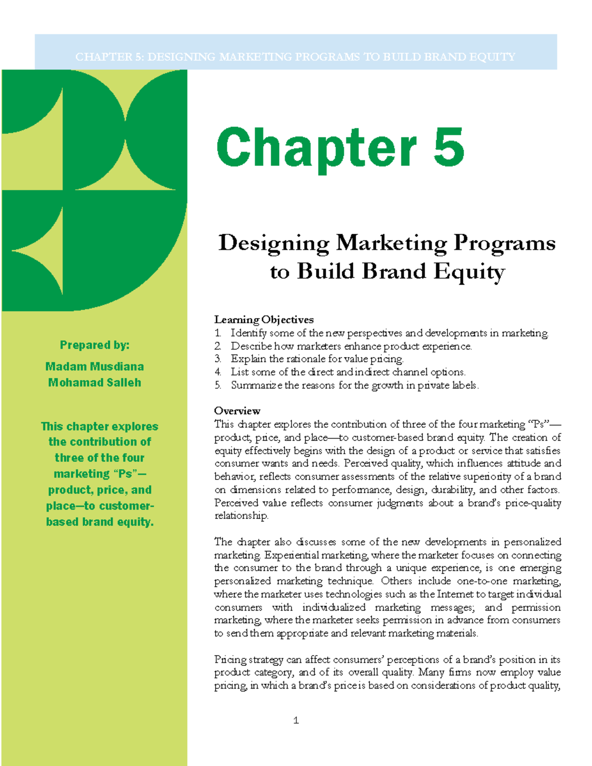 Chapter 5 -Designing Marketing Programs to Build Brand Equity - Chapter 5 Prepared by: Madam ...