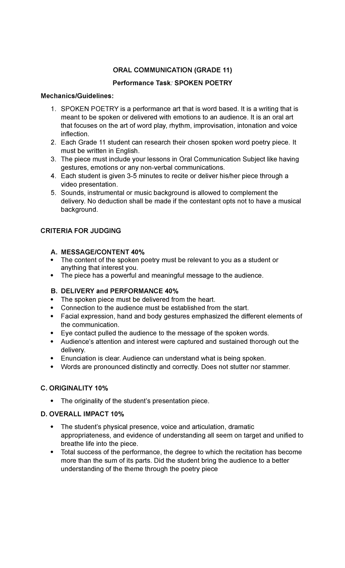 Spoken Poetry performance task - ORAL COMMUNICATION (GRADE 11 ...