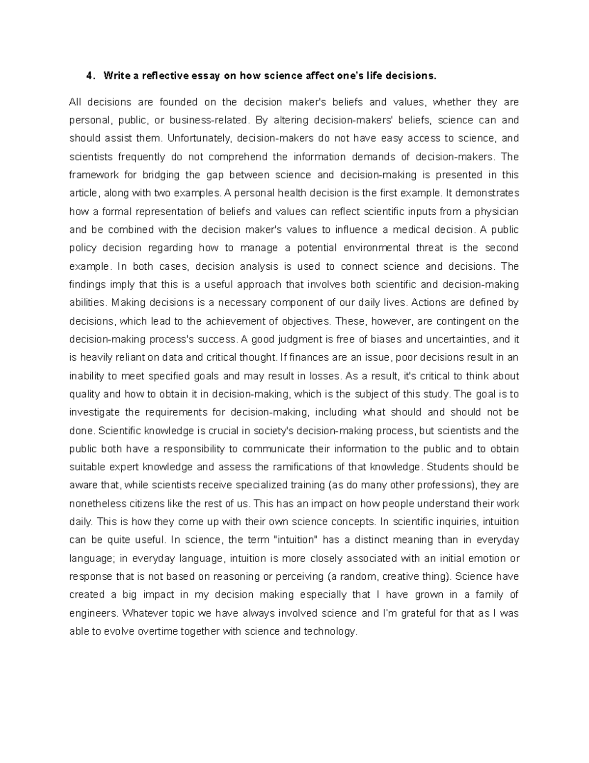 Write a reflective essay on how science affect one - 4 a reflective ...