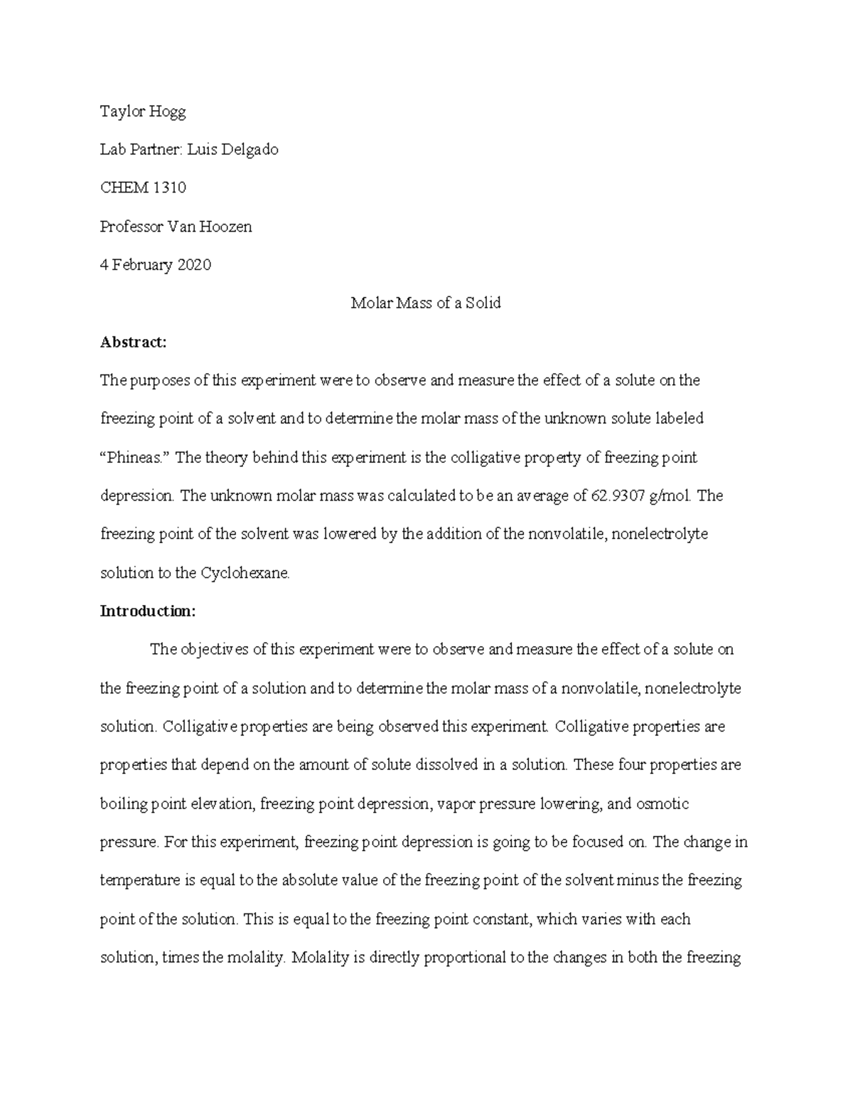 Experiment 14 Laboratory Report - Warning: TT: undefined function: 32 Taylor Hogg Lab Partner ...