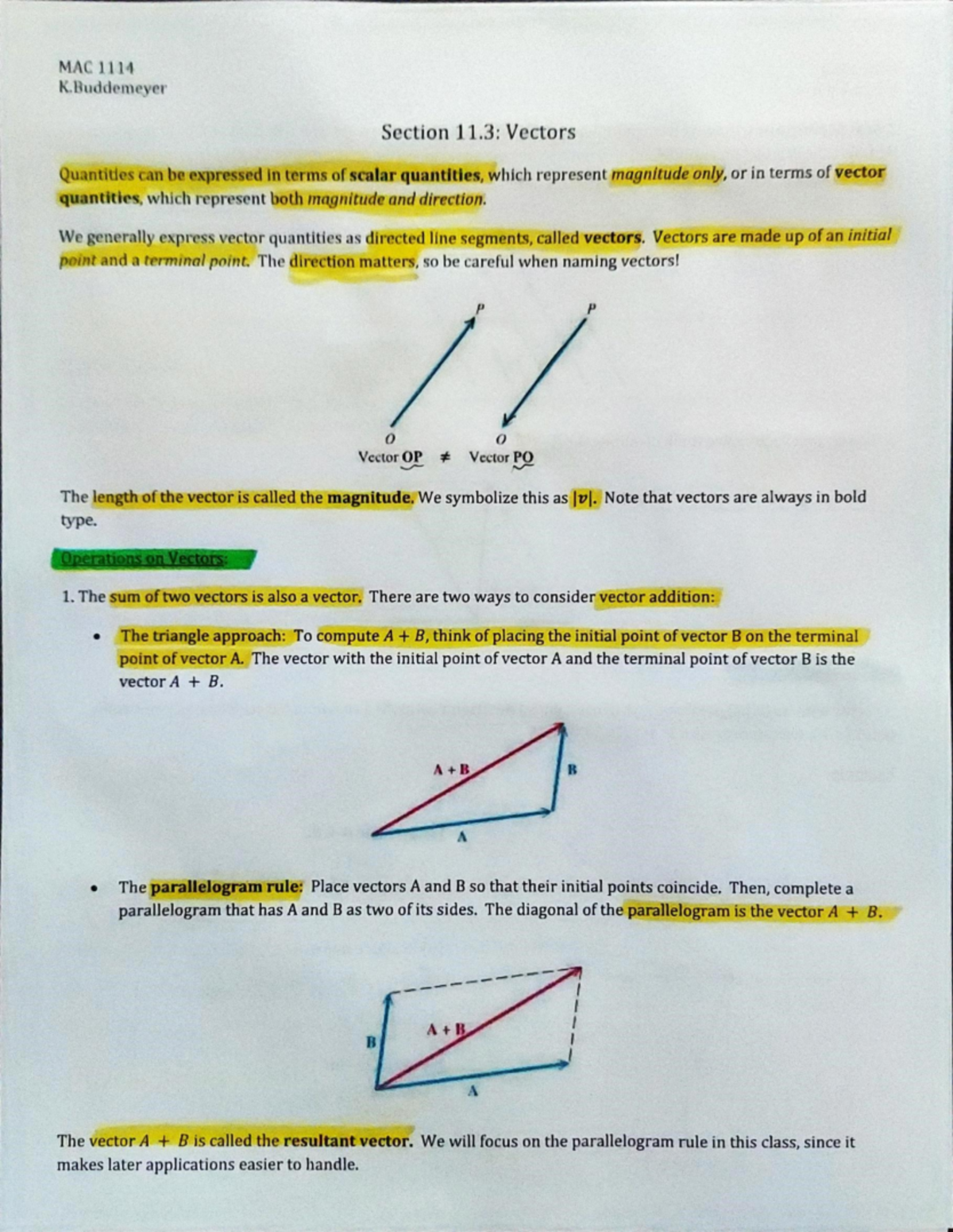 11.3 video notes - K• Section 11: Vectors Quantities can be expressed ...