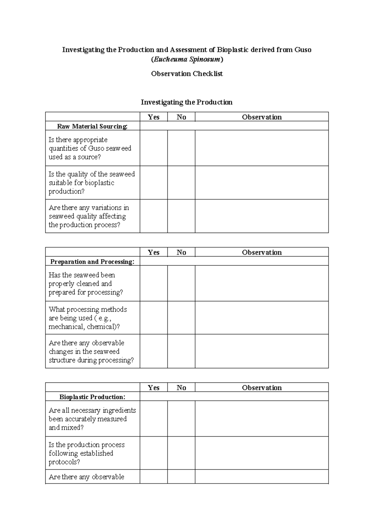 Observation Checklist - Investigating the Production and Assessment of ...