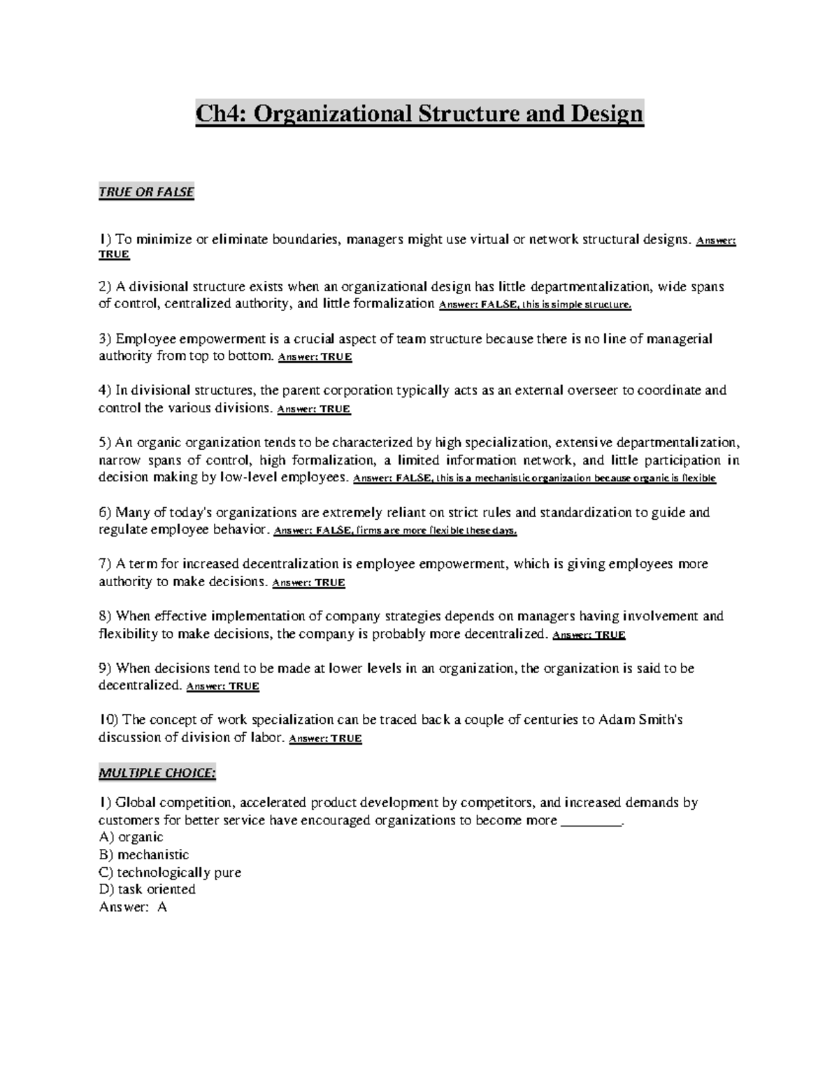 Ch4-Org-structure - Ch4: Organizational Structure and Design TRUE OR ...