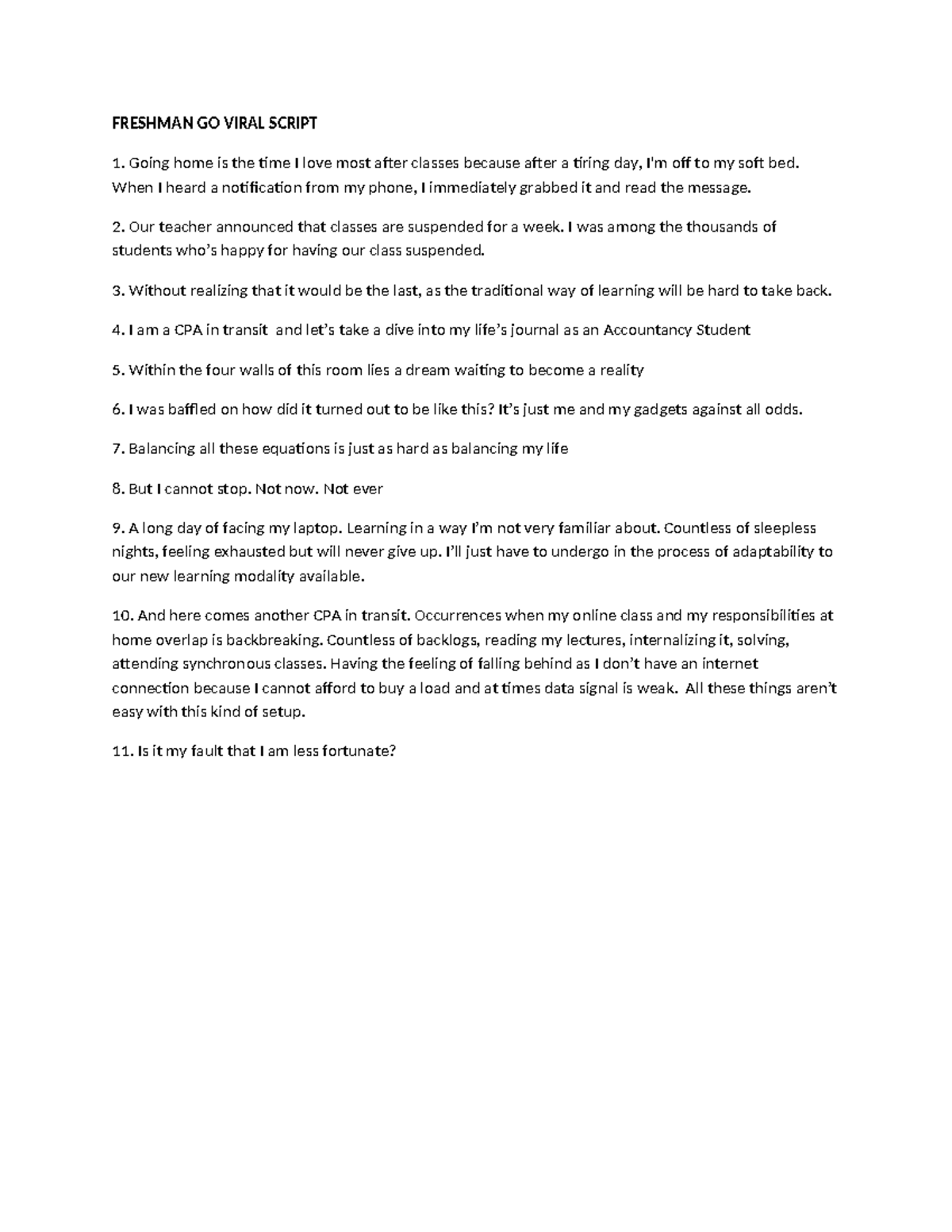 Freshmen go viral script - FRESHMAN GO VIRAL SCRIPT Going home is the ...