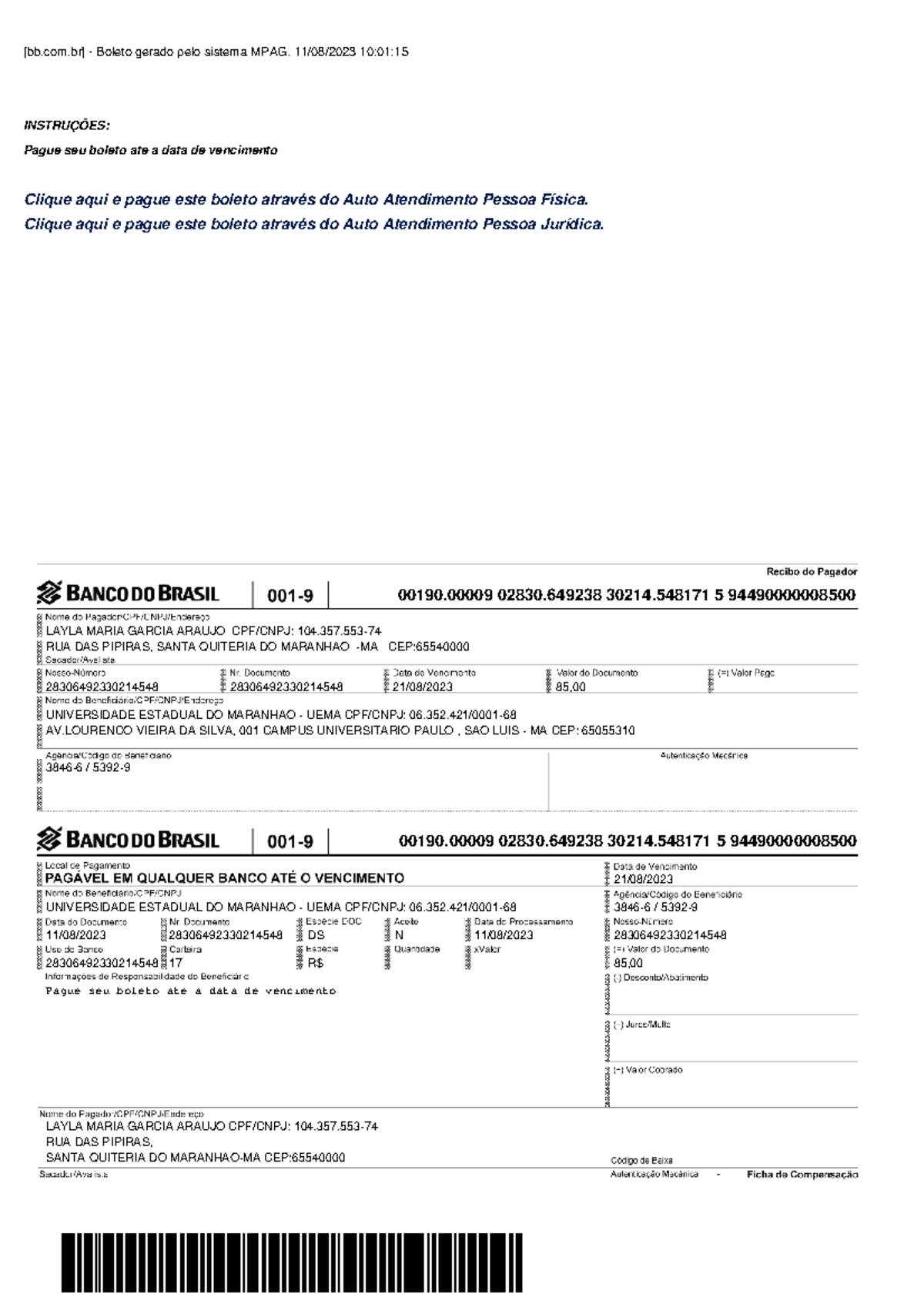 Boteto - ,n nnscvvd - [bb.com] - Boleto gerado pelo sistema MPAG. 11/08 ...