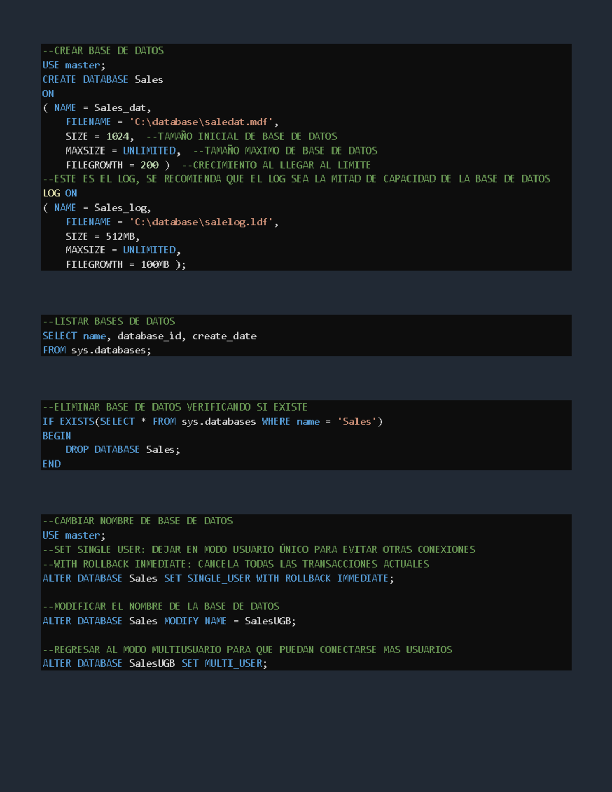 Comandos PARA BASE DE Datos -CREAR BASE DE DATOS USE master; CREATE DATABASE Sales ON ( NAME ...