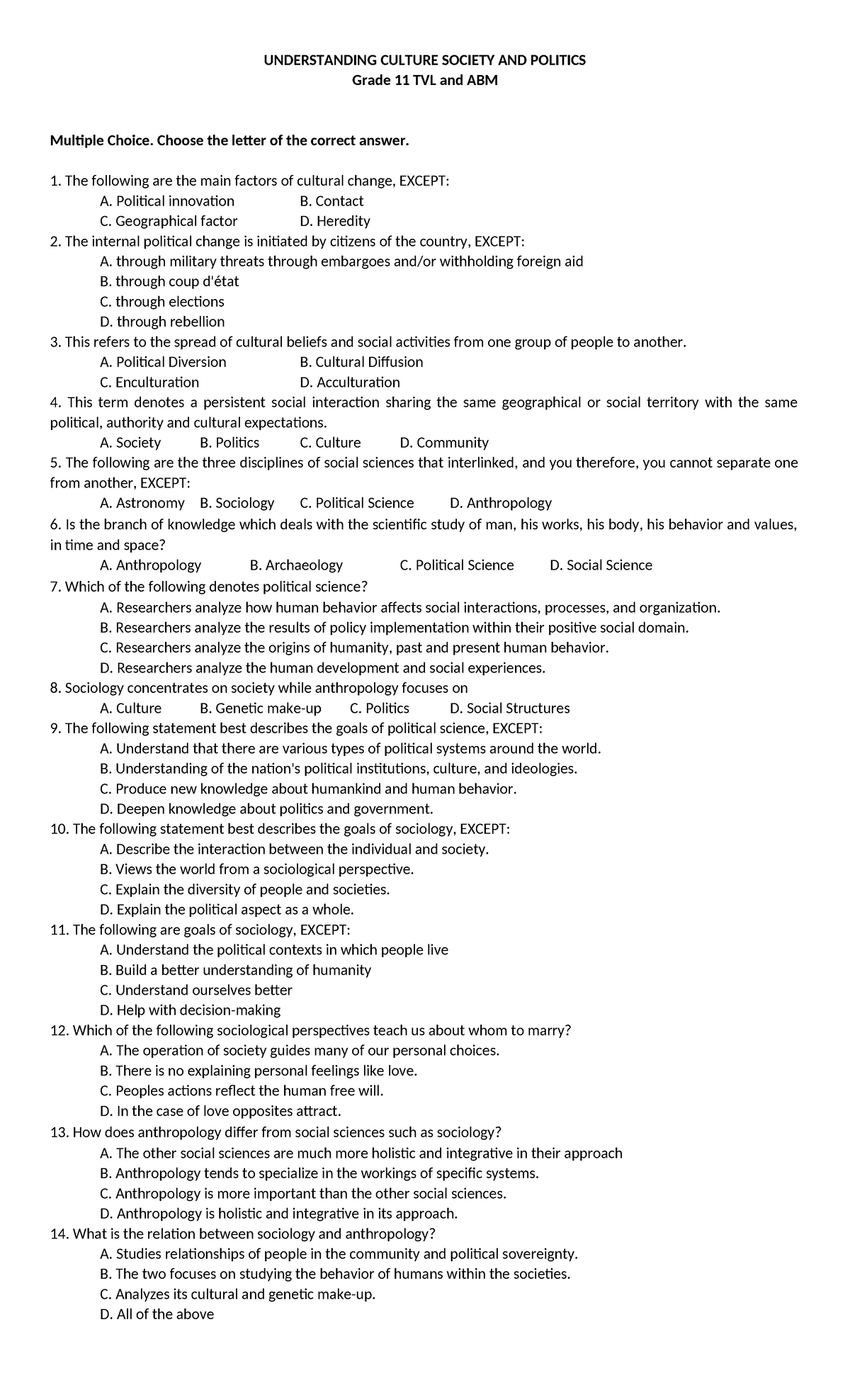 Diagnostic Test Understanding Culture Society AND Politics ...