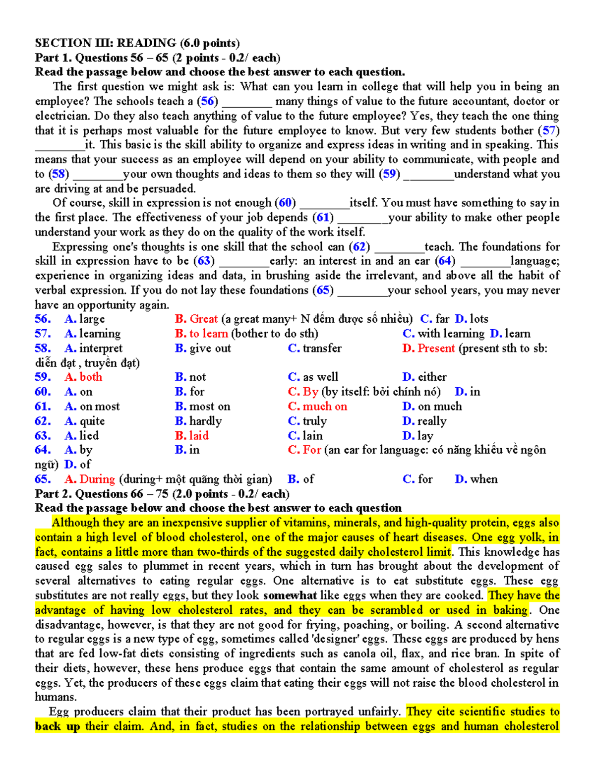 17 march - SECTION III: READING (6 points) Part 1. Questions 56 – 65 (2 ...