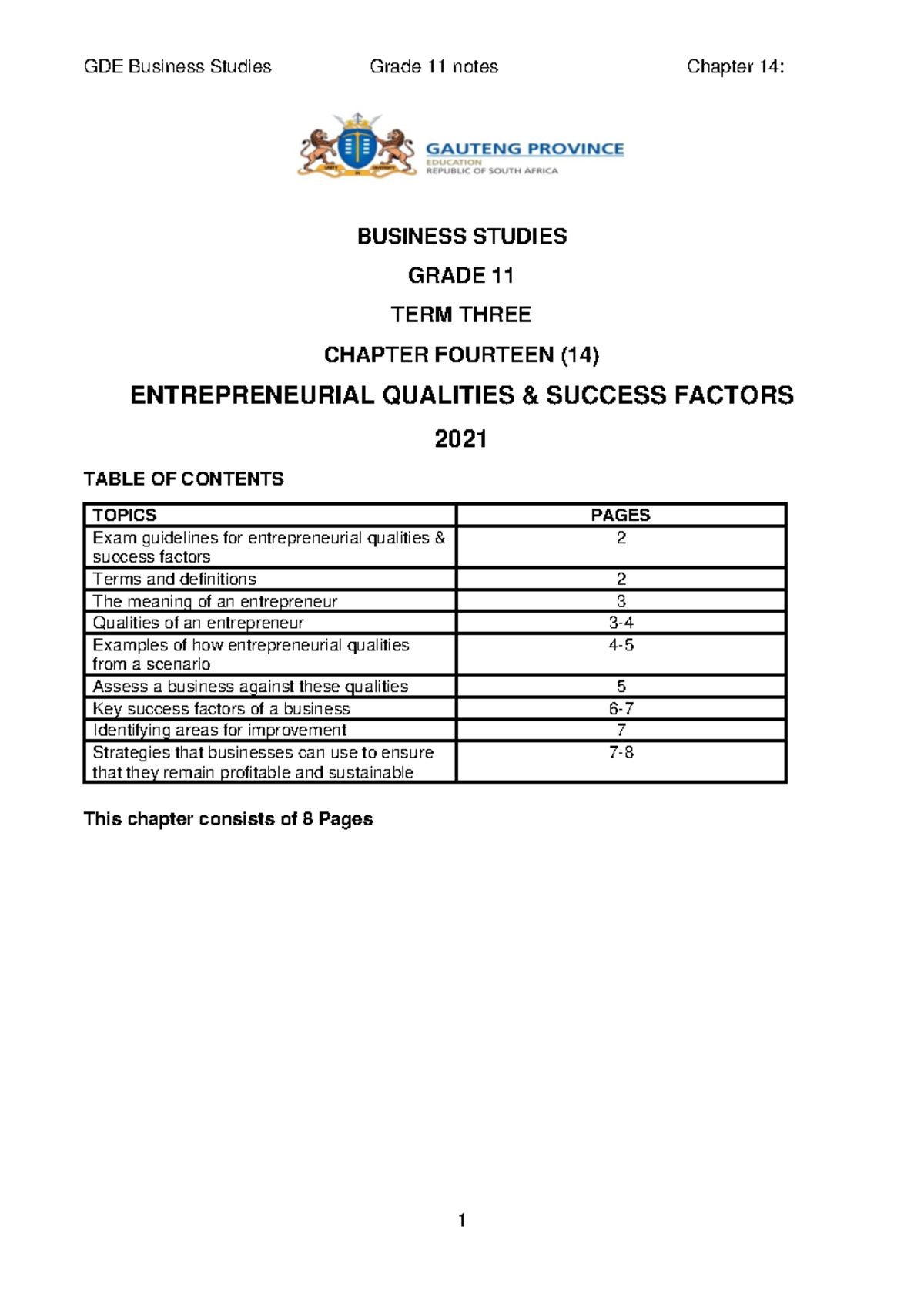 2021 Business Studies Grade 11 Notes TERM 3 Chapter 14-1 - BUSINESS ...