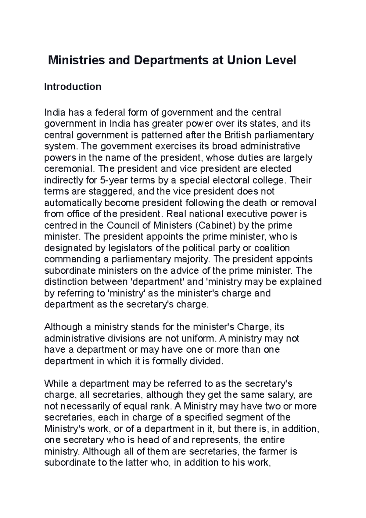 Ministries and Departments at Union Level - Ministries and Departments ...