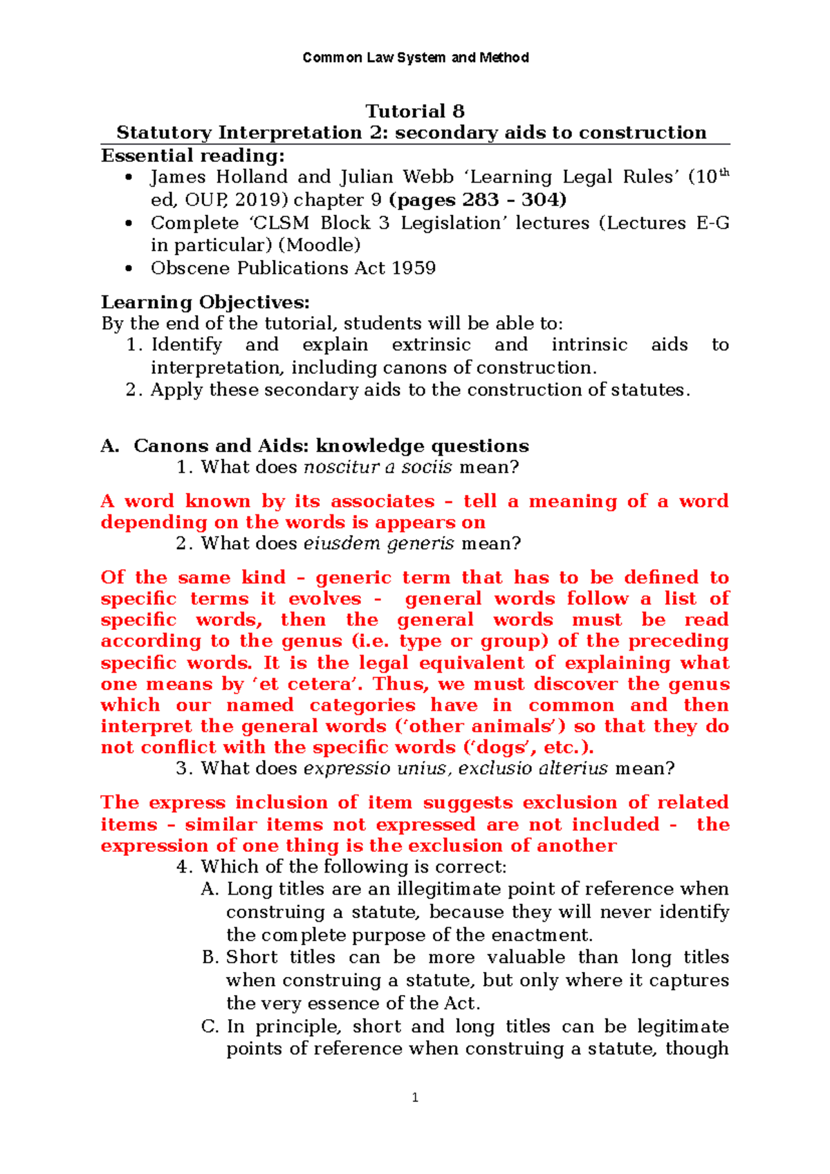 Tutorial 8 Legislation 2 - Tutorial 8 Statutory Interpretation 2 ...