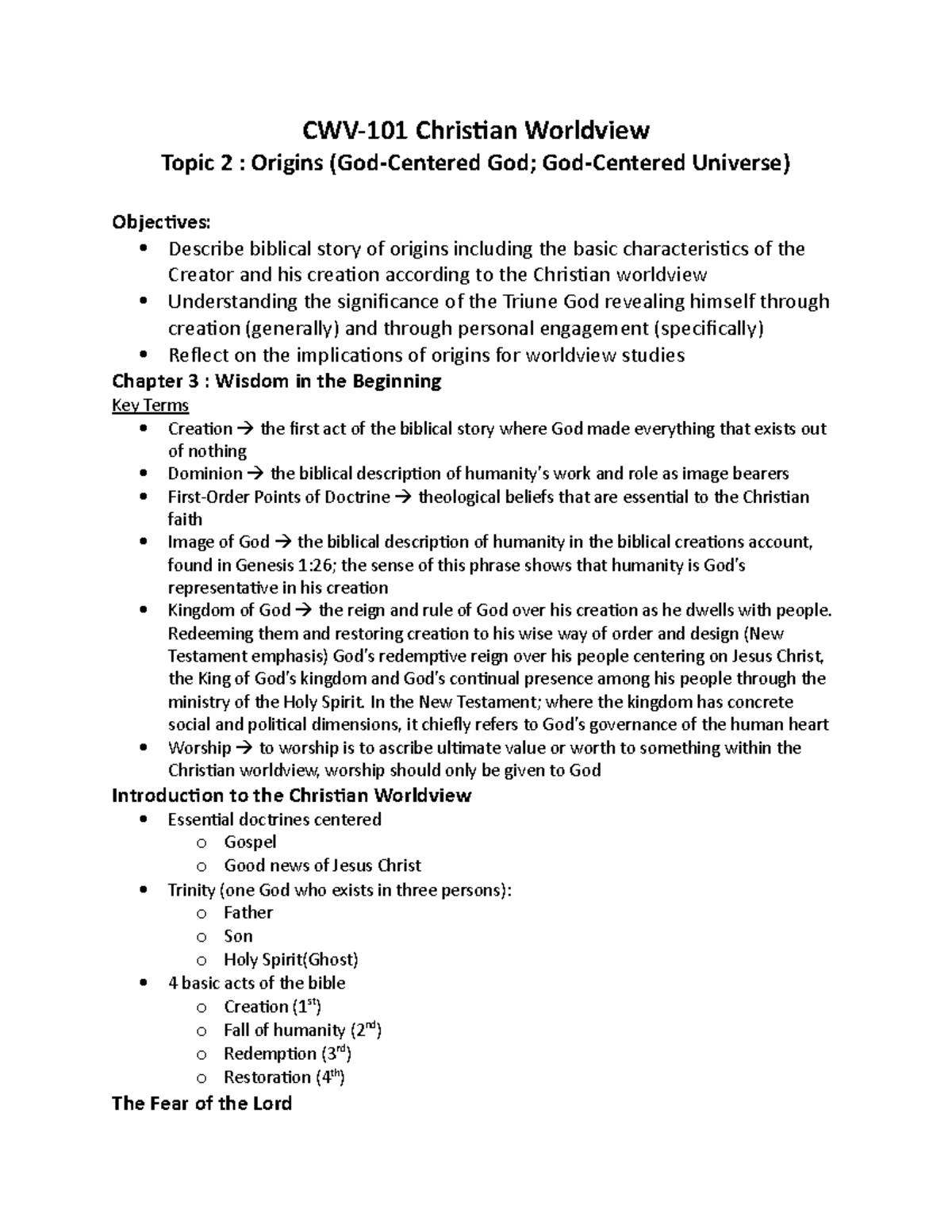 Origins - notes - CWV-101 Christian Worldview Topic 2 : Origins (God ...