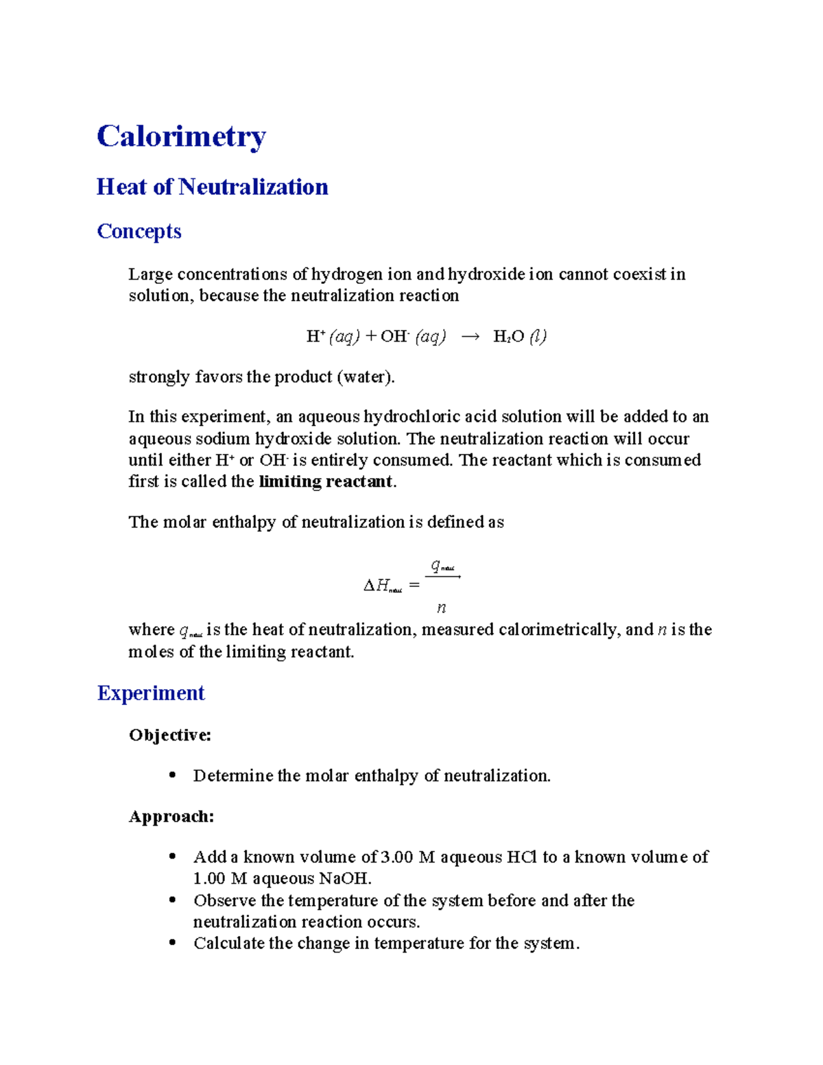 Calorimetry - Notes - Calorimetry Heat of Neutralization Concepts Large ...