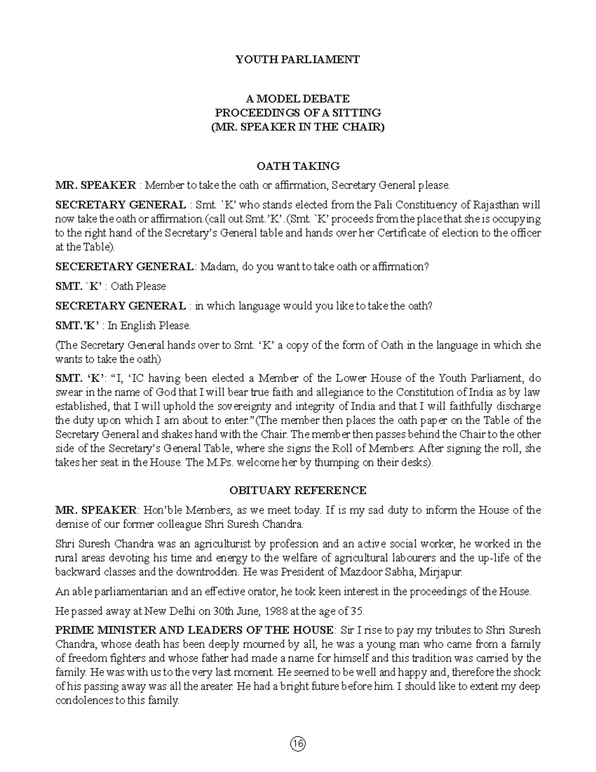 A Model Debate - adsds - YOUTH PARLIAMENT A MODEL DEBATE PROCEEDINGS OF ...