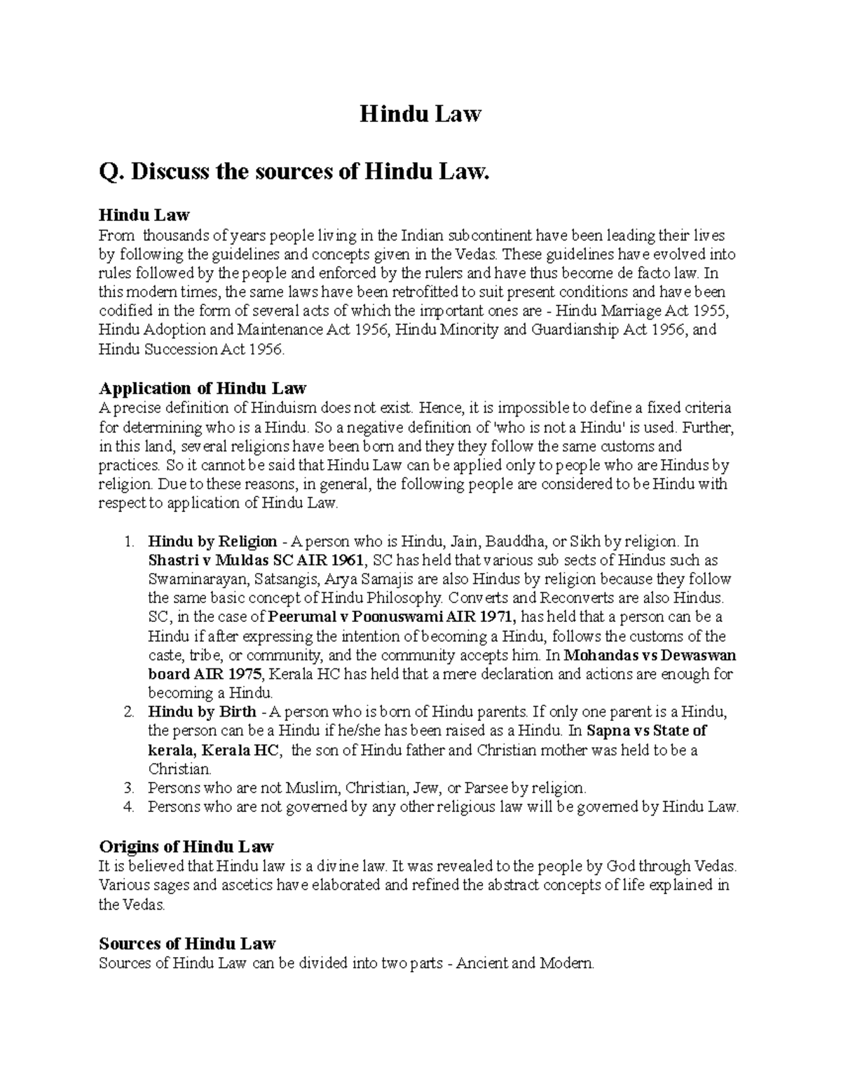 Family-Law-1 - notes - Hindu Law Q. Discuss the sources of Hindu Law ...