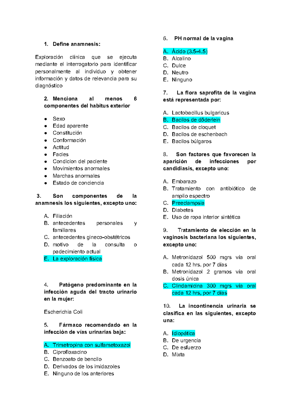 Examen ginecología primer parcial - Define anamnesis: Exploración ...