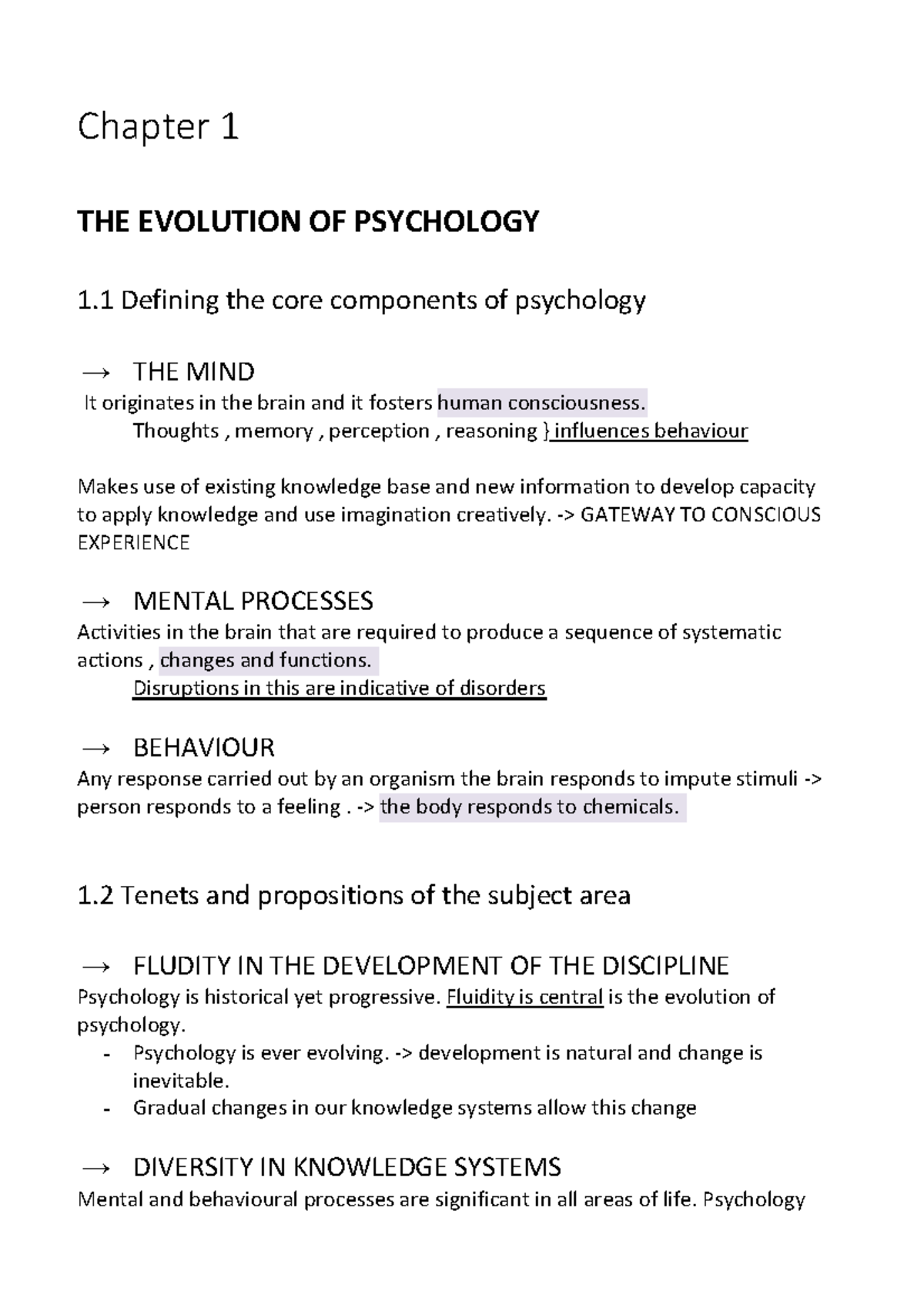 Chapter 1 lecture notes - THE EVOLUTION OF PSYCHOLOGY 1 Defining the ...