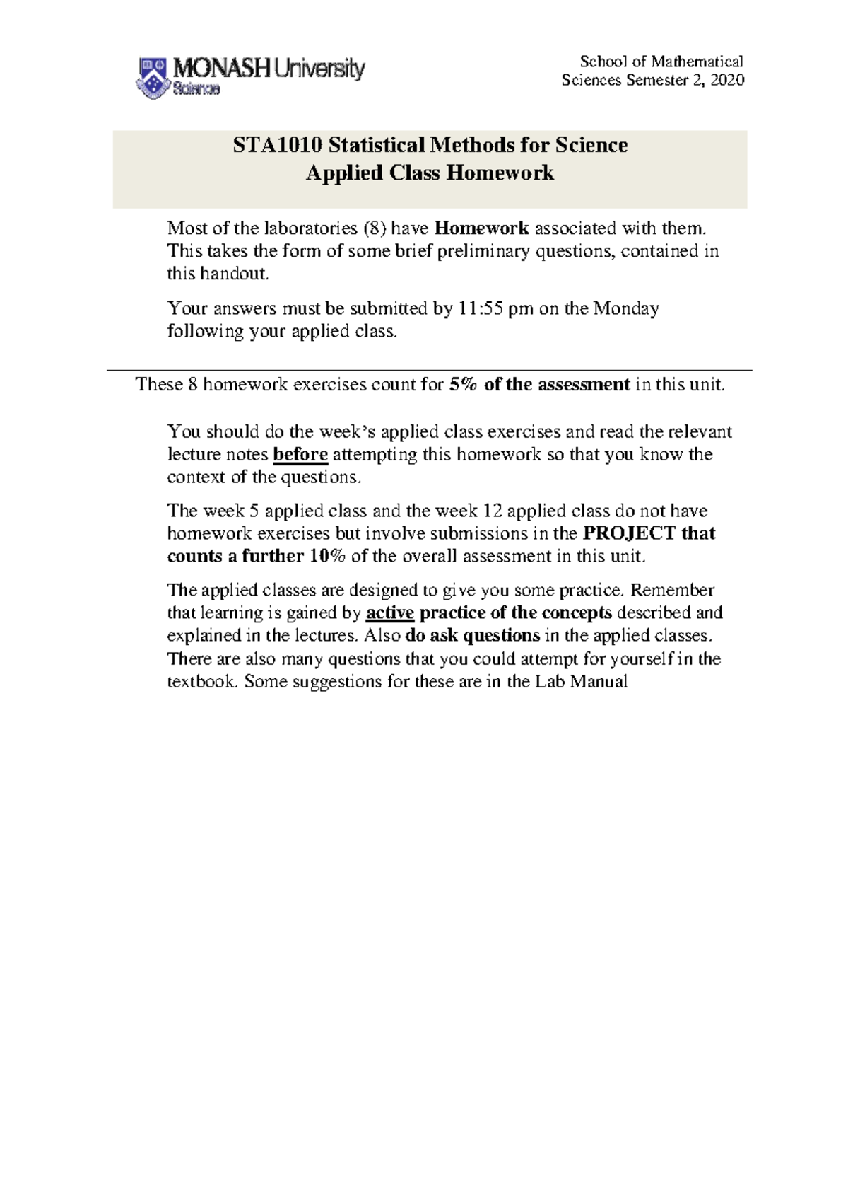 STA1010 Applied Class Homework 2020-2 (week8) - School of Mathematical Sciences Semester 2, 2020 ...